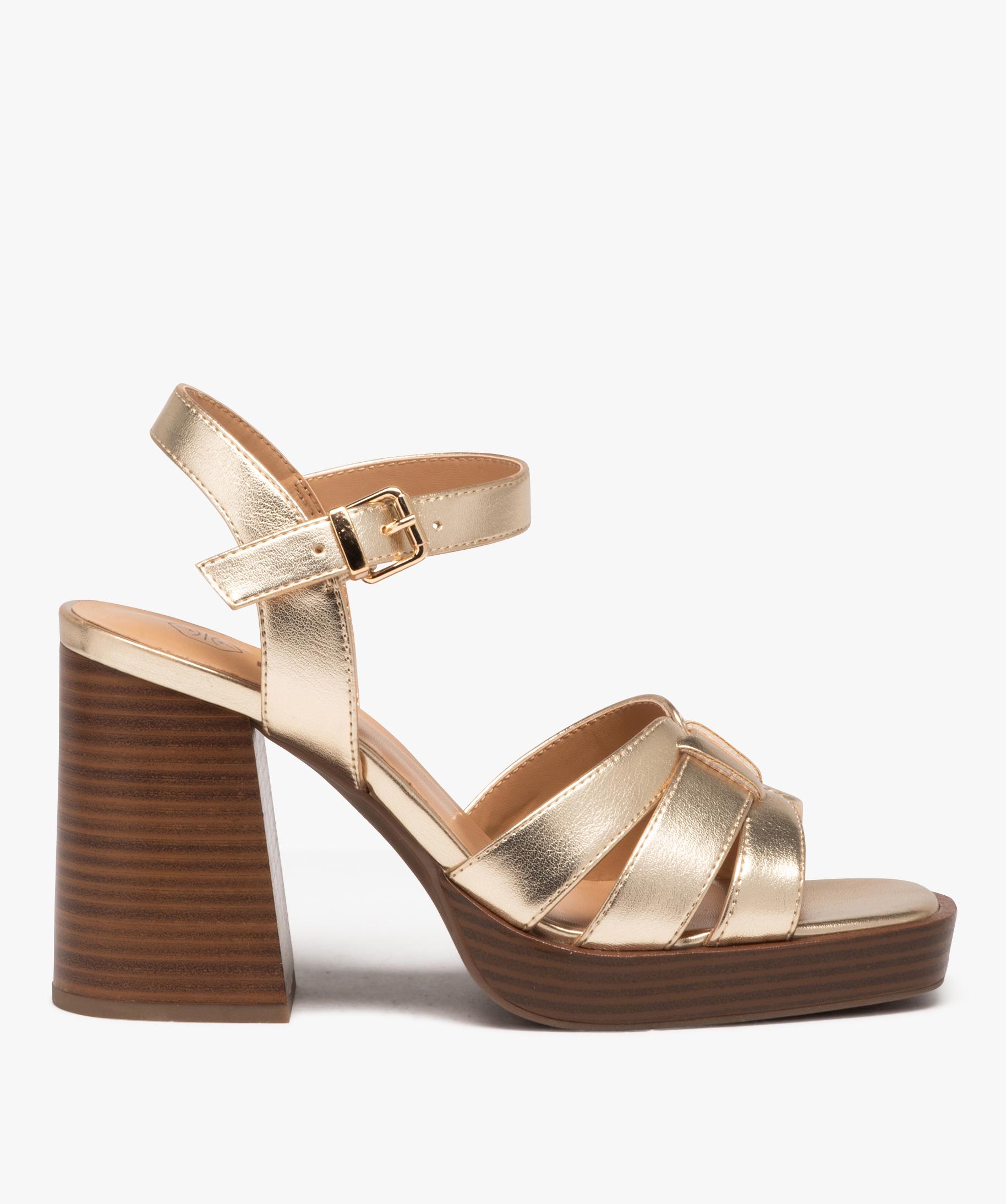 Sandales femme à talon flare avec brides métallisées or | GEMO