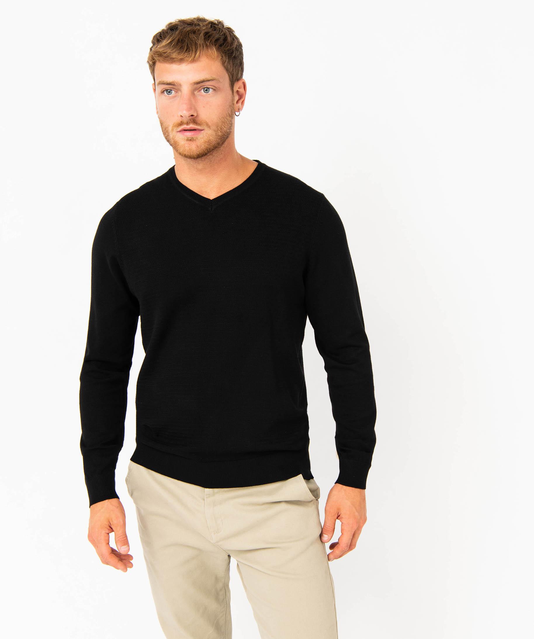 Pull fin avec col V et maille fantaisie homme noir | GEMO