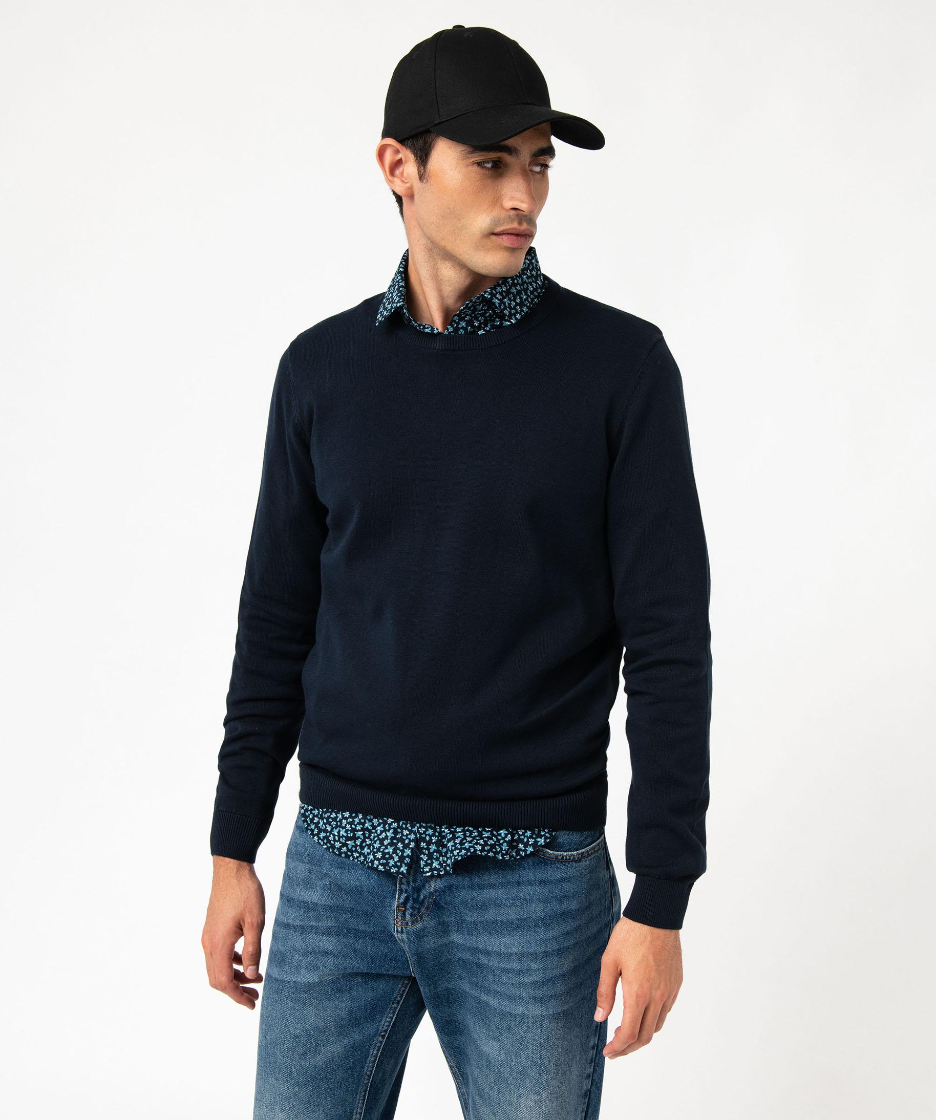 Pull à col rond en coton homme bleu | GEMO