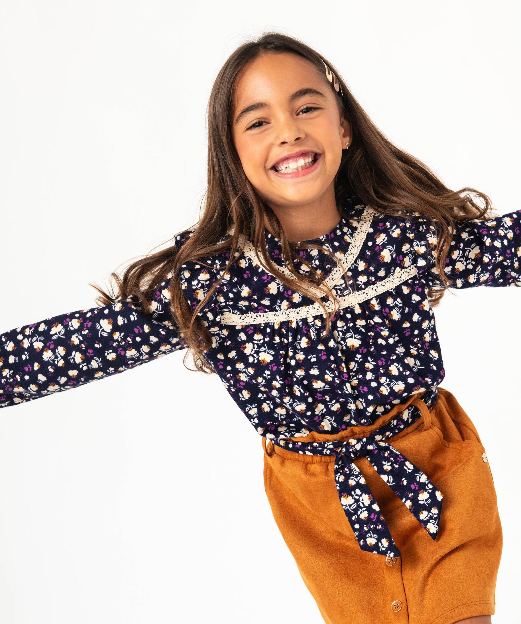 Chemise fleurie à manches longues fille - LuluCastagnette marine | GEMO