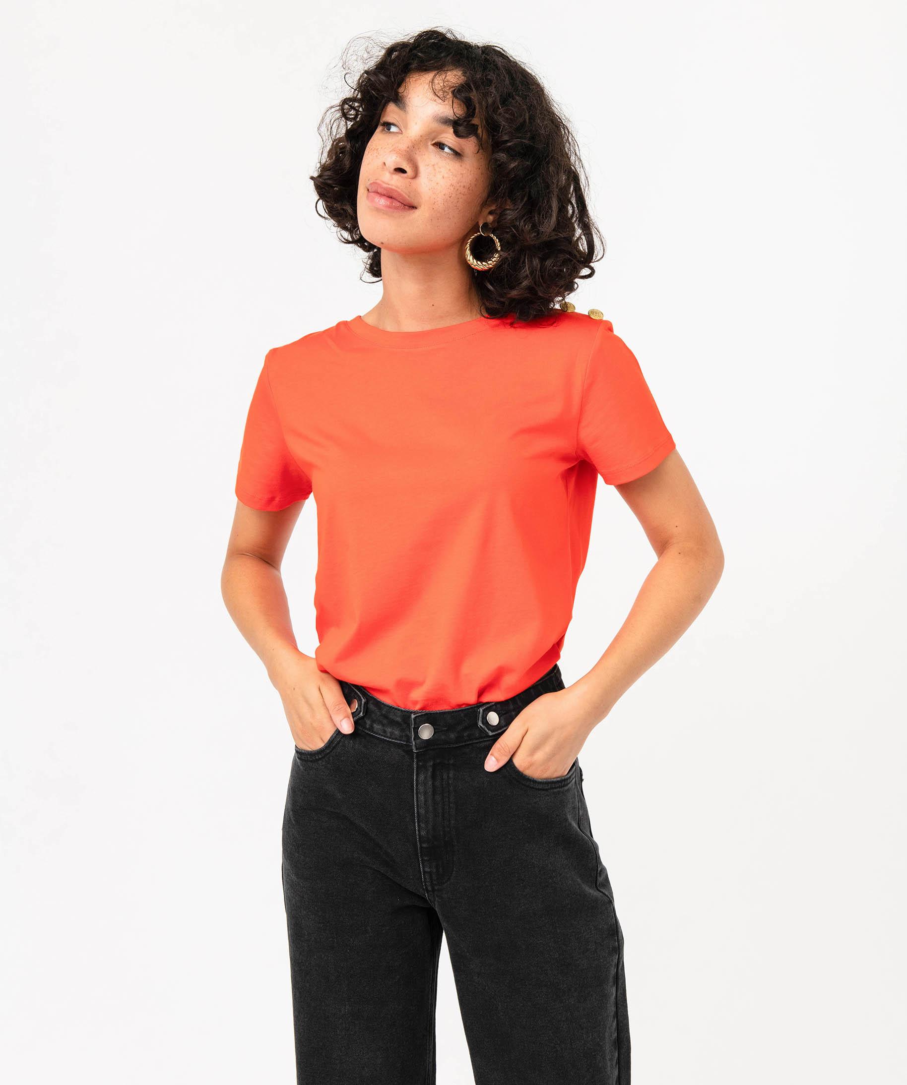 Tee-shirt manches courtes à boutons décoratifs femme orange | GEMO