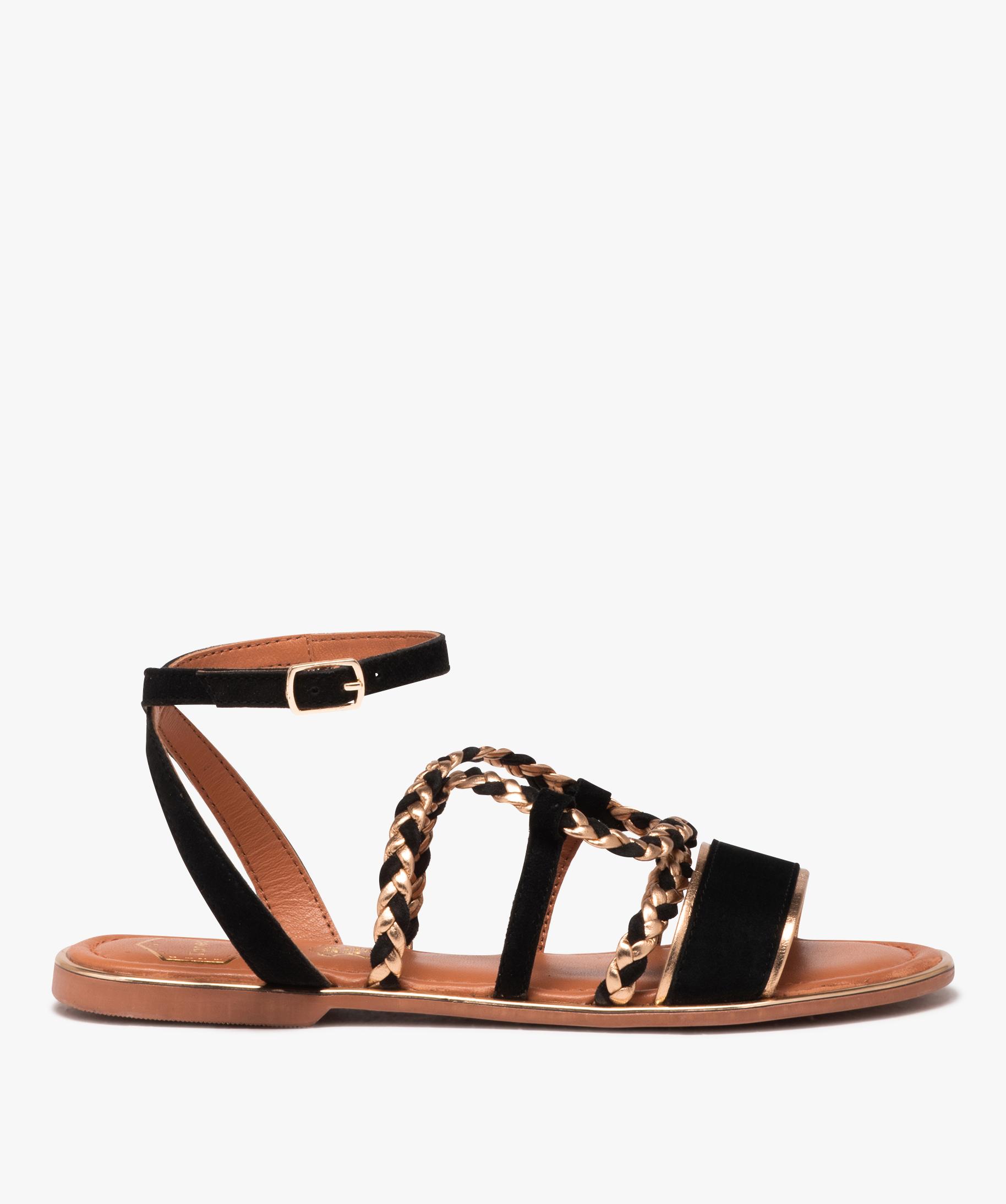 Sandales femme en cuir à brides tressées détails métalli... noir | GEMO