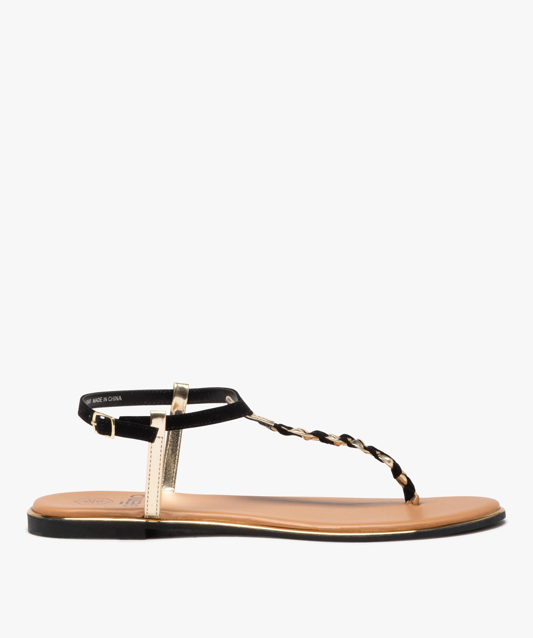 Sandales femme plates avec bride tressée à entre-doigt dé... noir | GEMO