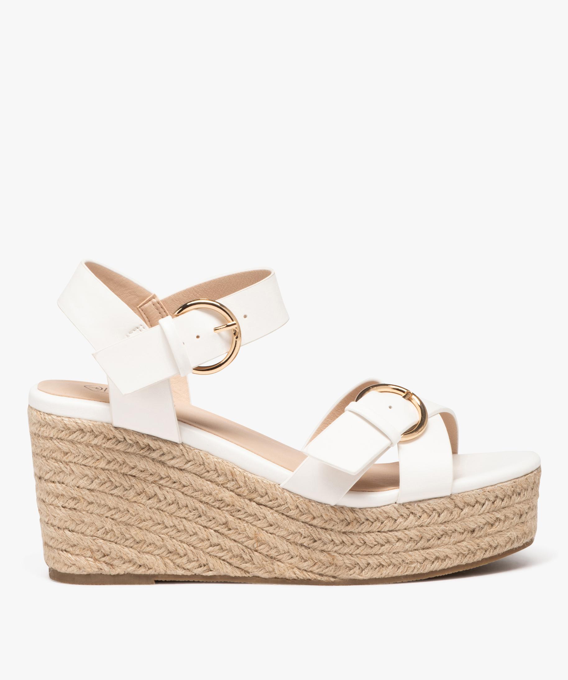 Sandales femme compensées à brides unies avec double boucle blanc | GEMO