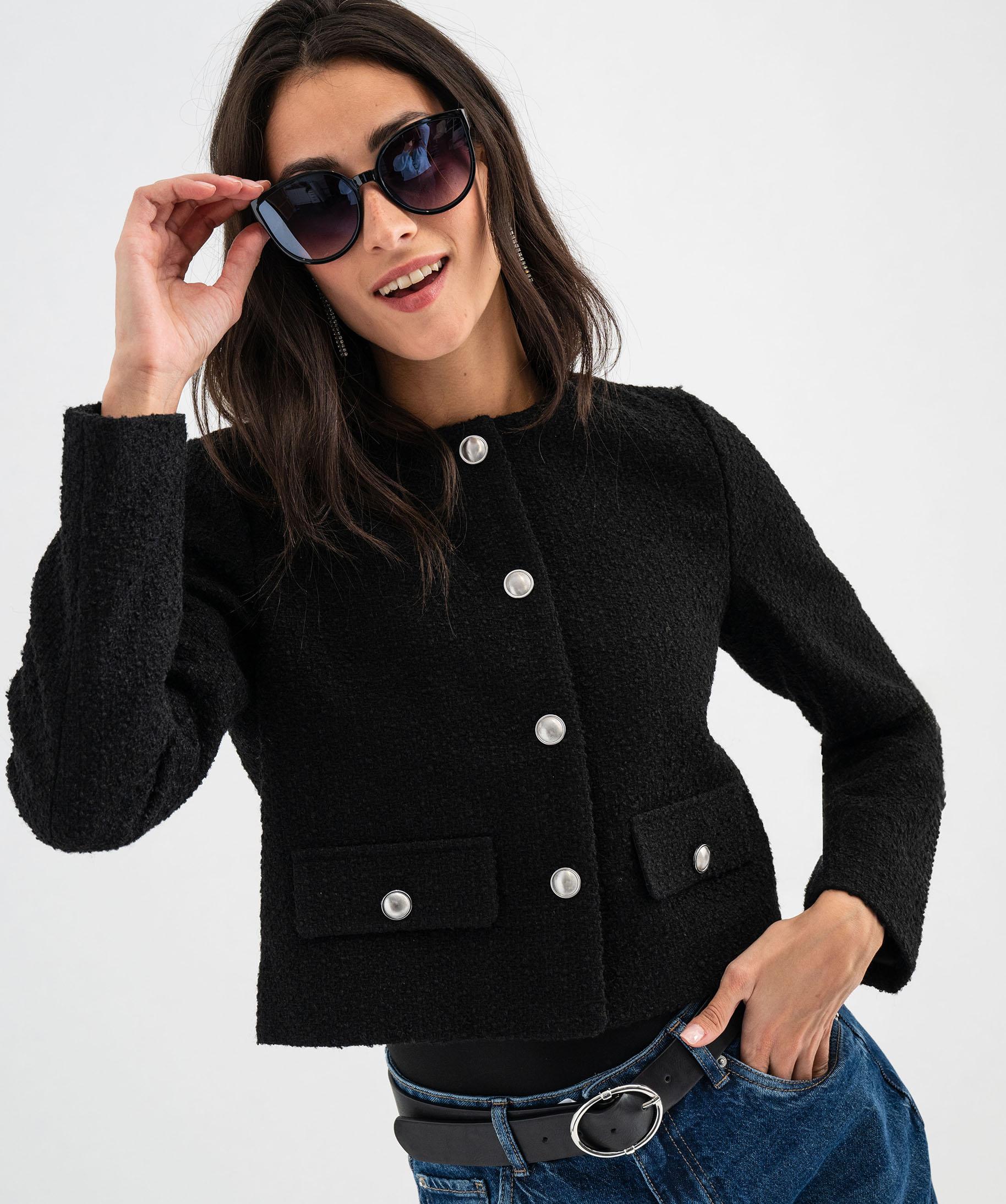 Veste courte aspect tweed avec boutons métalliques femme noir | GEMO