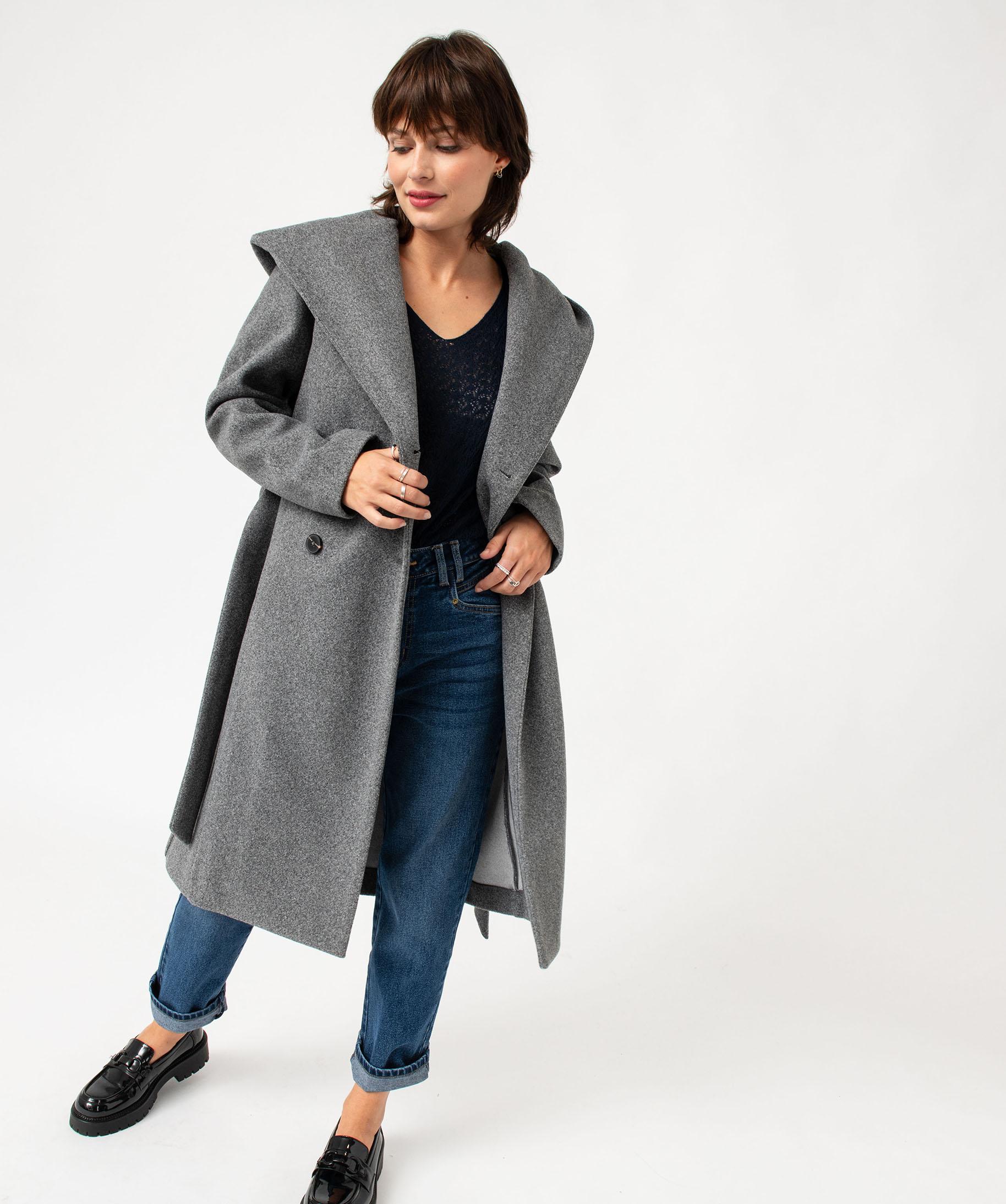 Manteau mi-long à grand col capuche femme gris | GEMO