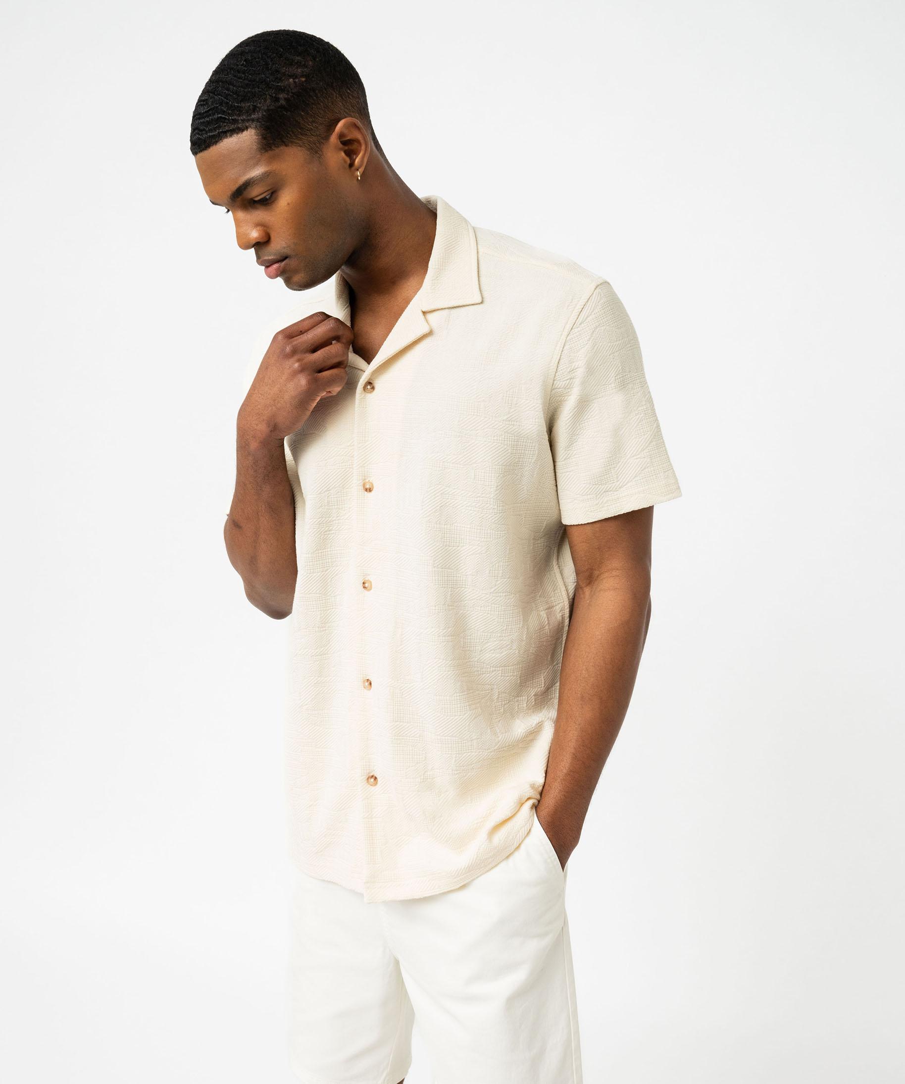 Chemise manches courtes en maille texturée et col cubain homme blanc | GEMO