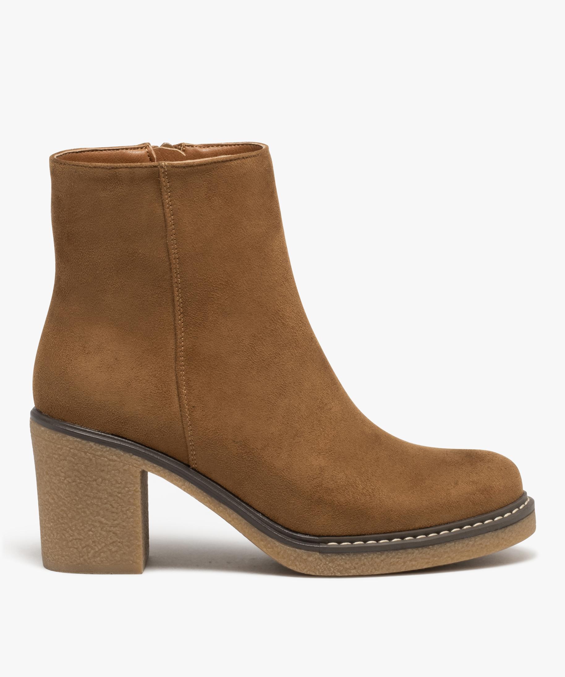 Boots femme à talon carré en suédine unie et à zip camel | GEMO