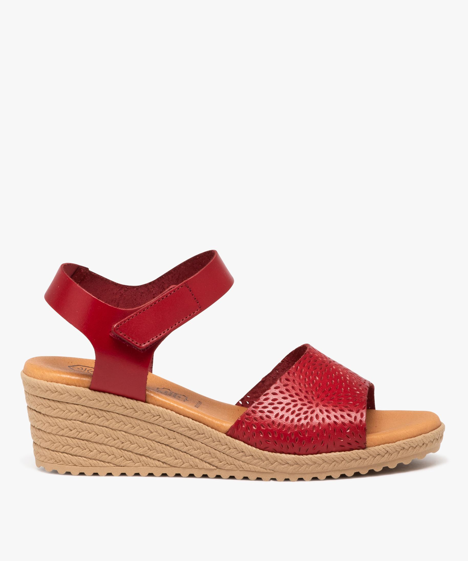 Sandales femme compensées en cuir et à scratch avec déta... rouge | GEMO