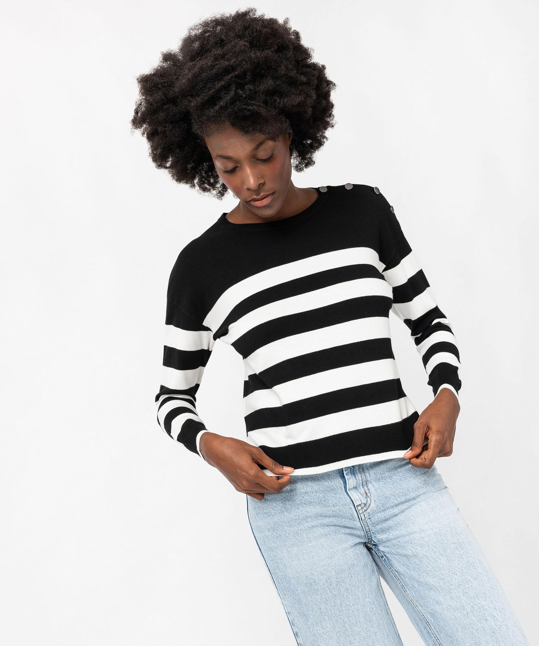 Pull fin à larges rayures avec boutons sur l’épaule femme raye | GEMO