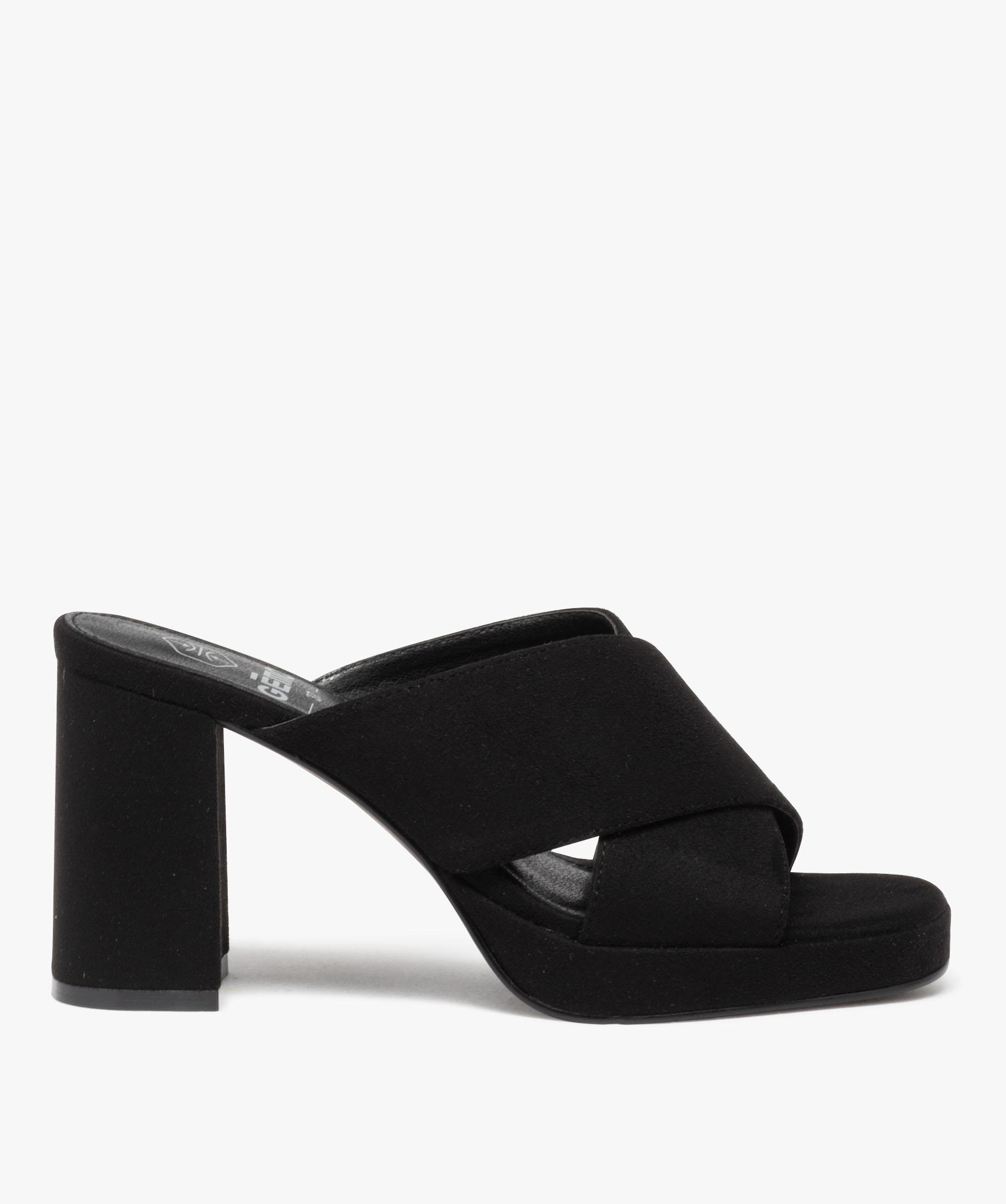 Mules femme à talon haut unies en suédine et à brides cro... noir | GEMO