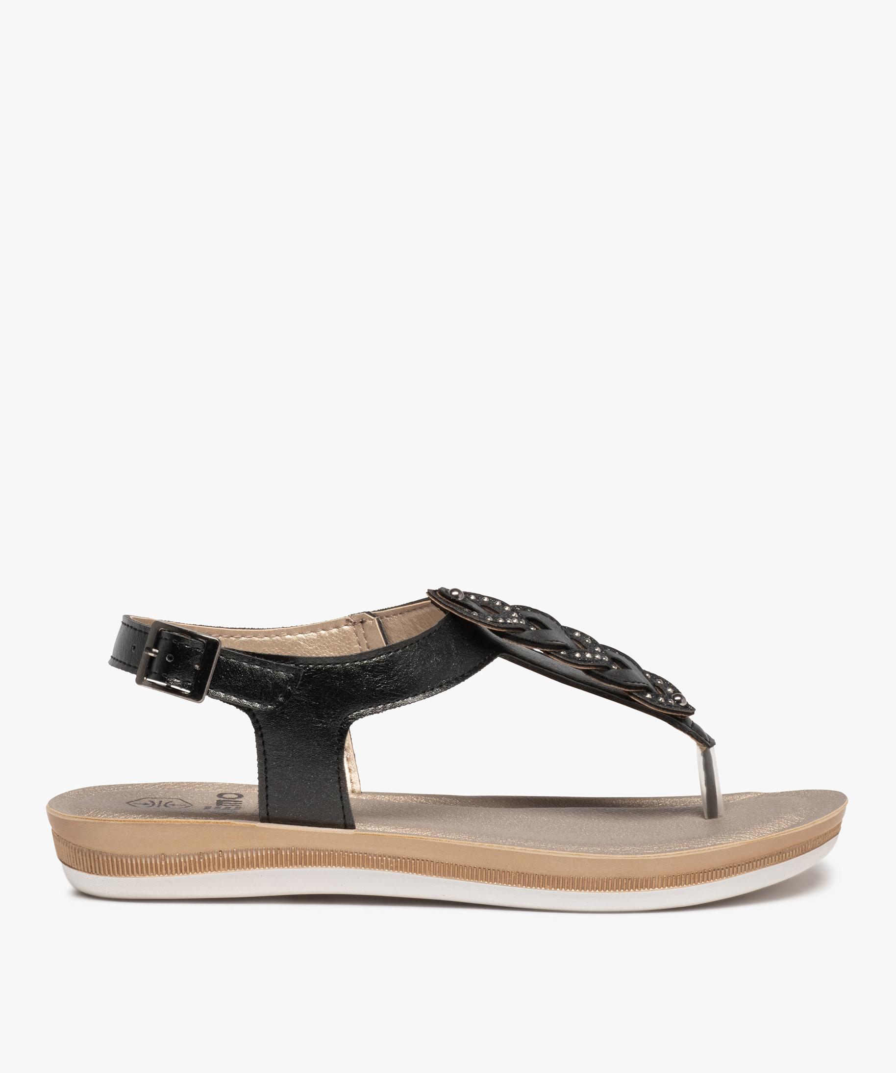 Sandales femme métallisées à bride entre-doigts tressée noir | GEMO