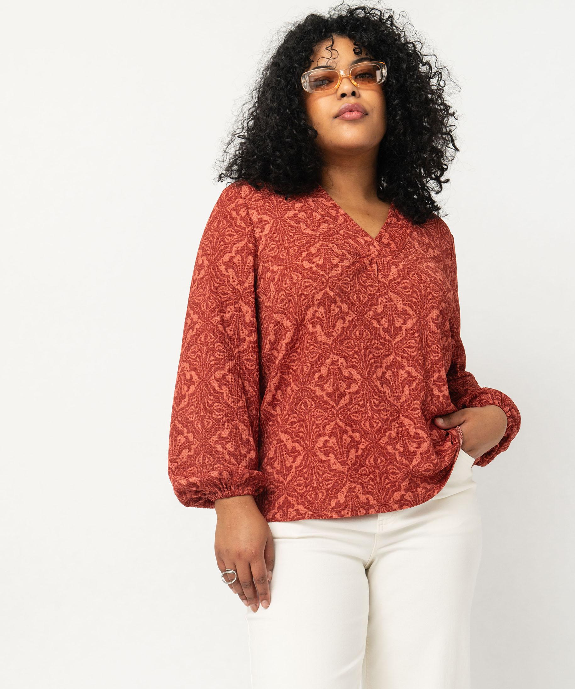 Tee-shirt imprimé à manches longues à col V femme grande ... rouge | GEMO