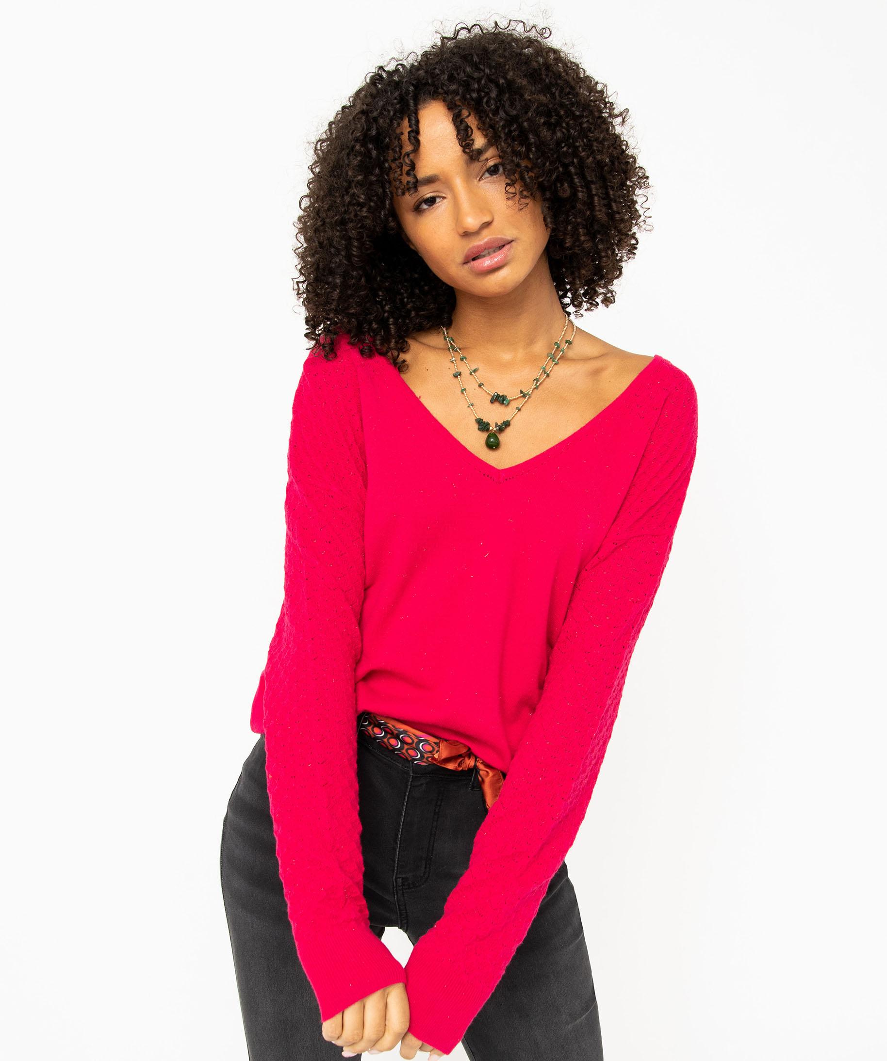 Pull avec double col V et manches fantaisie femme rose | GEMO
