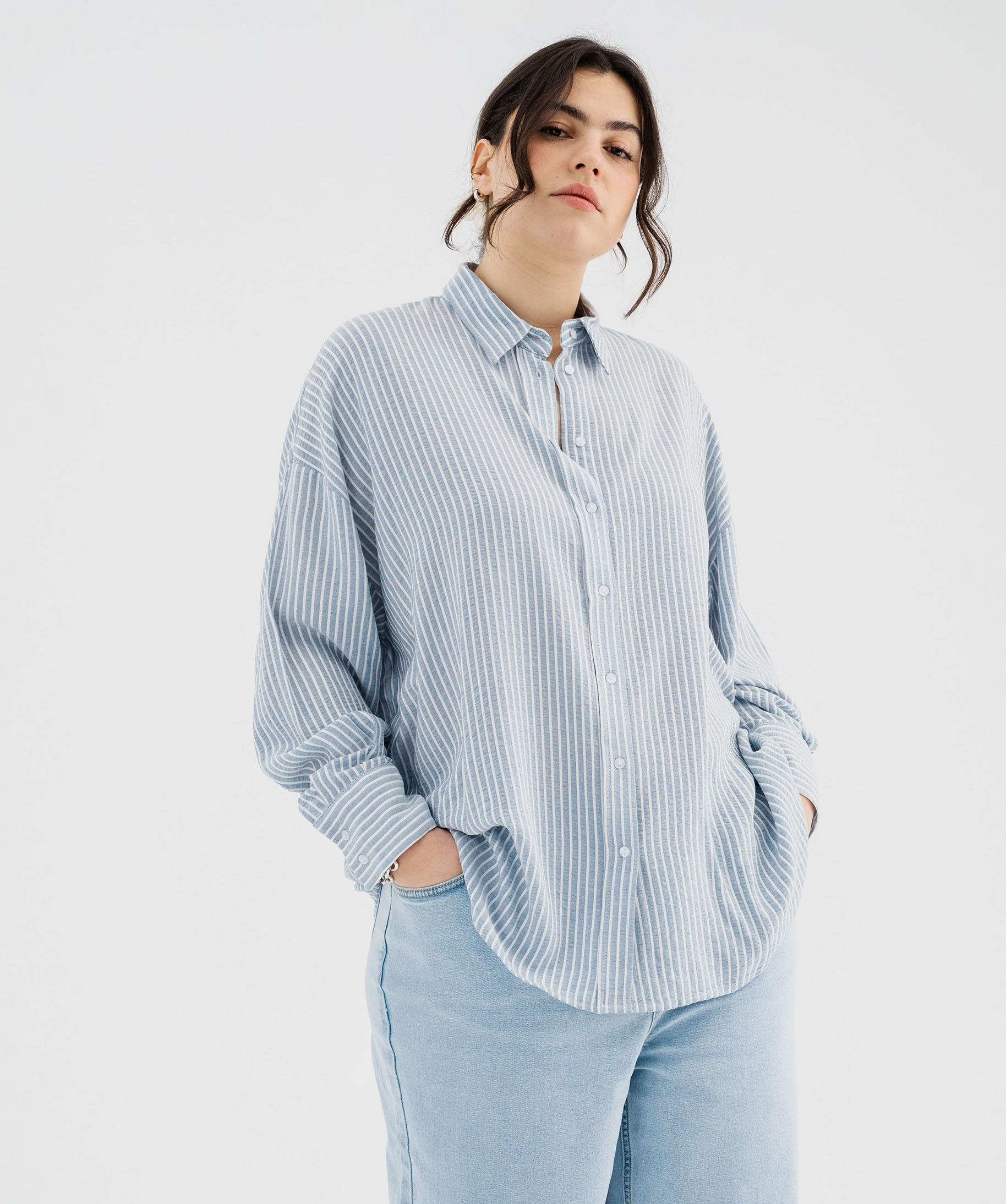 Chemise rayée à manches longues femme grande taille bleu | GEMO