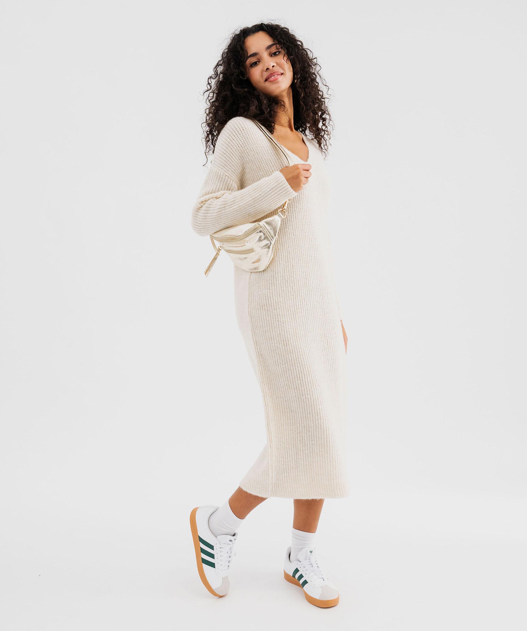 Robe pull longue avec col V femme beige | GEMO