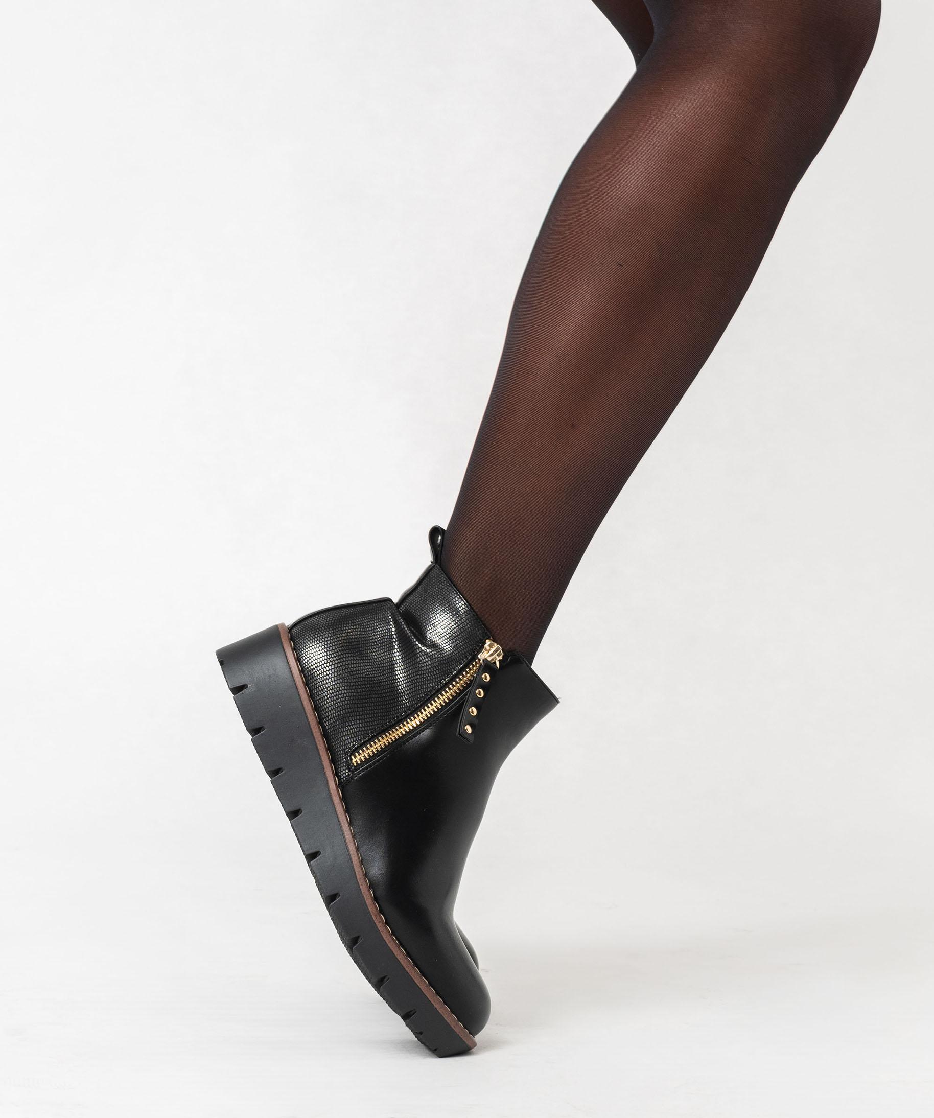 Boots femme à semelle plateforme crantée et à zip fantaisie noir | GEMO