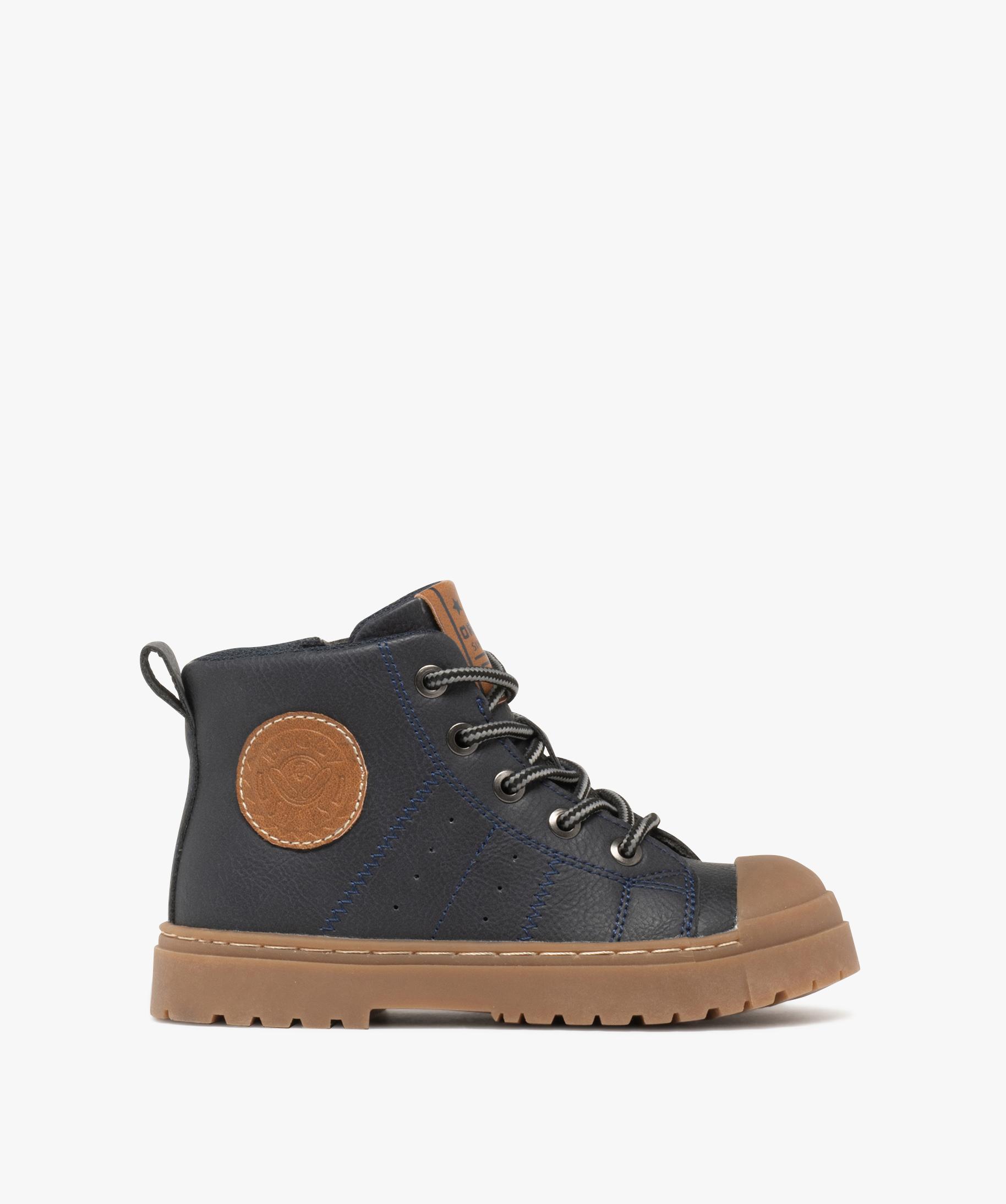 Boots garçon à semelle épaisse avec zip et à lacets bleu fonce | GEMO
