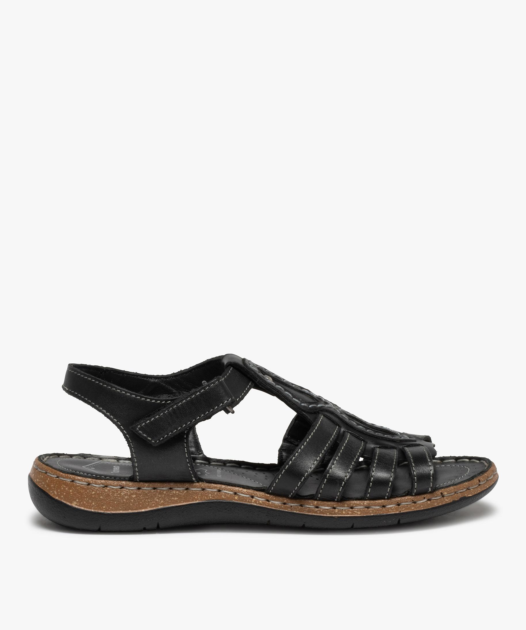 Sandales femme confort à brides multiples en cuir noir | GEMO