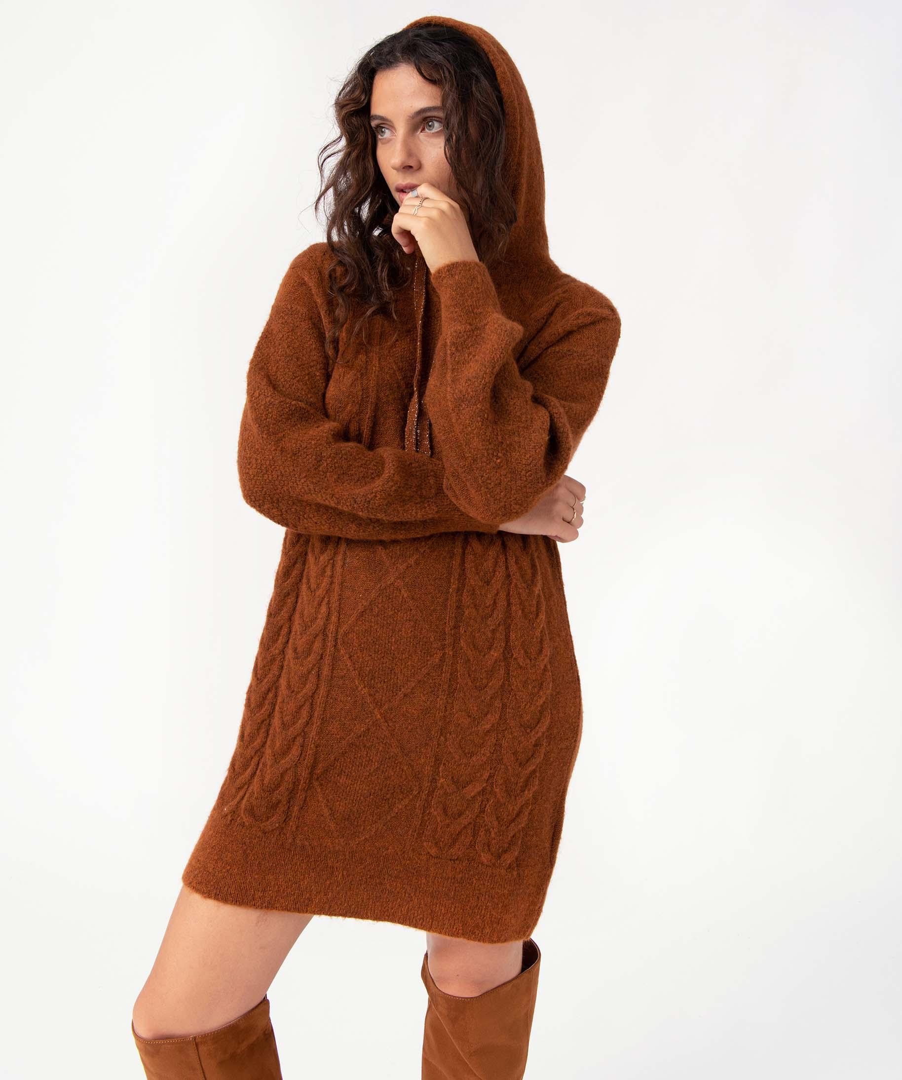 Robe pull femme en maille à capuche marron vif | GEMO