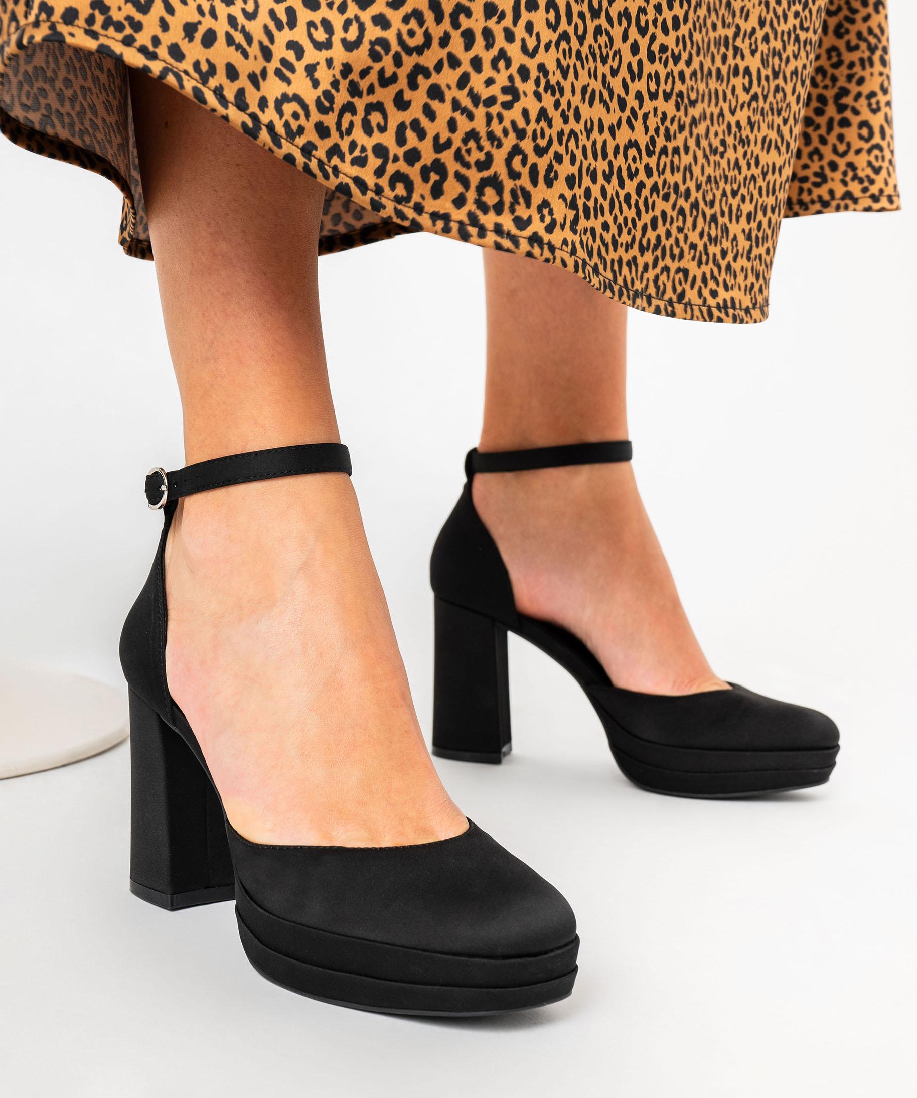 Escarpins femme à talon haut plateforme en satin noir | GEMO