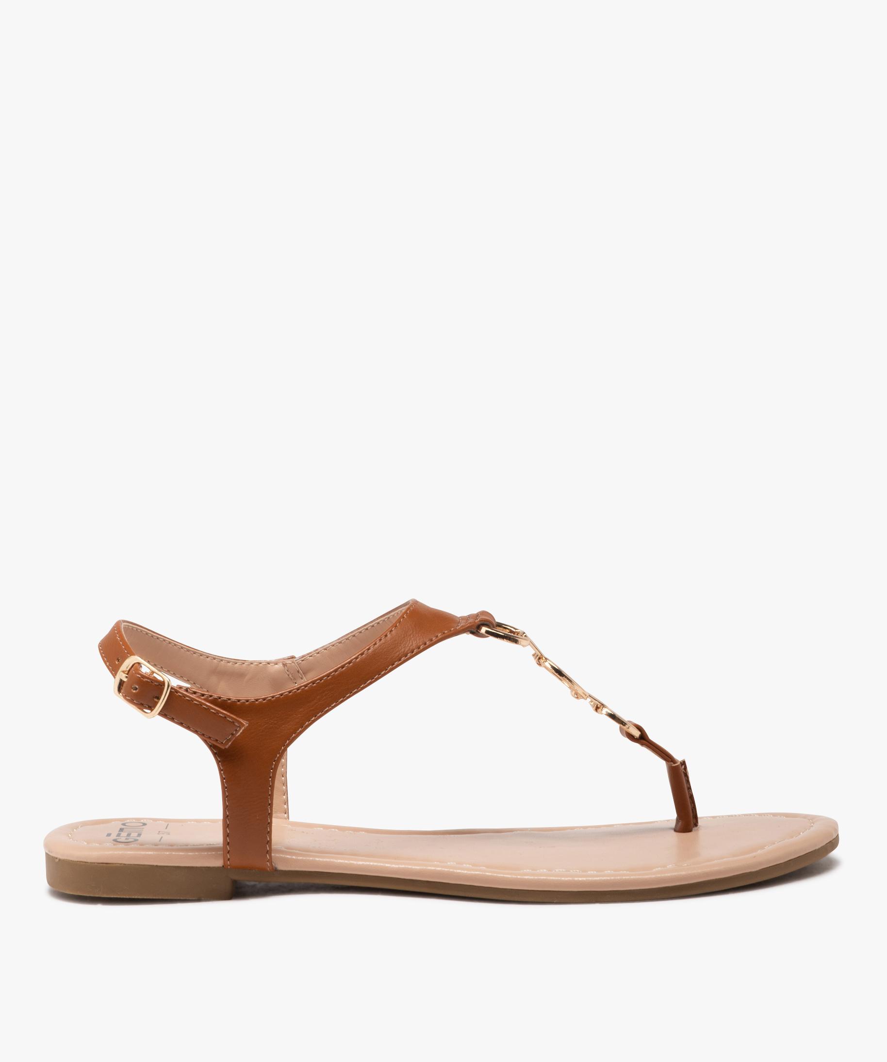 Sandales femme plates à entre-doigts avec chaîne métallis... camel | GEMO