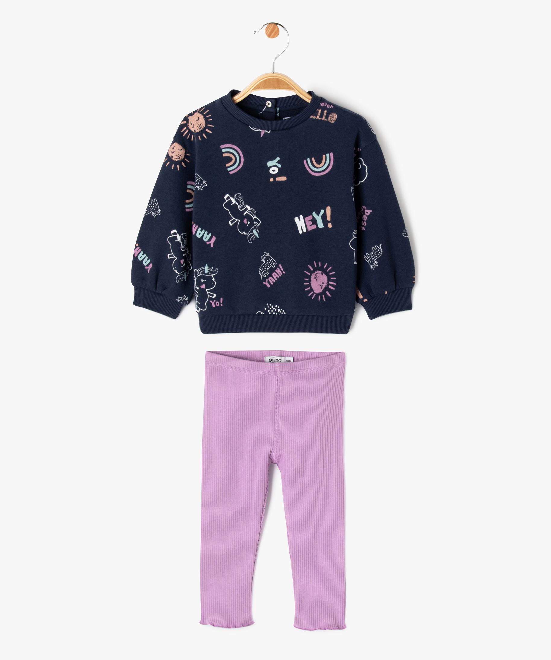Ensemble 2 pièces bicolore bébé fille : sweat + legging c... marine | GEMO