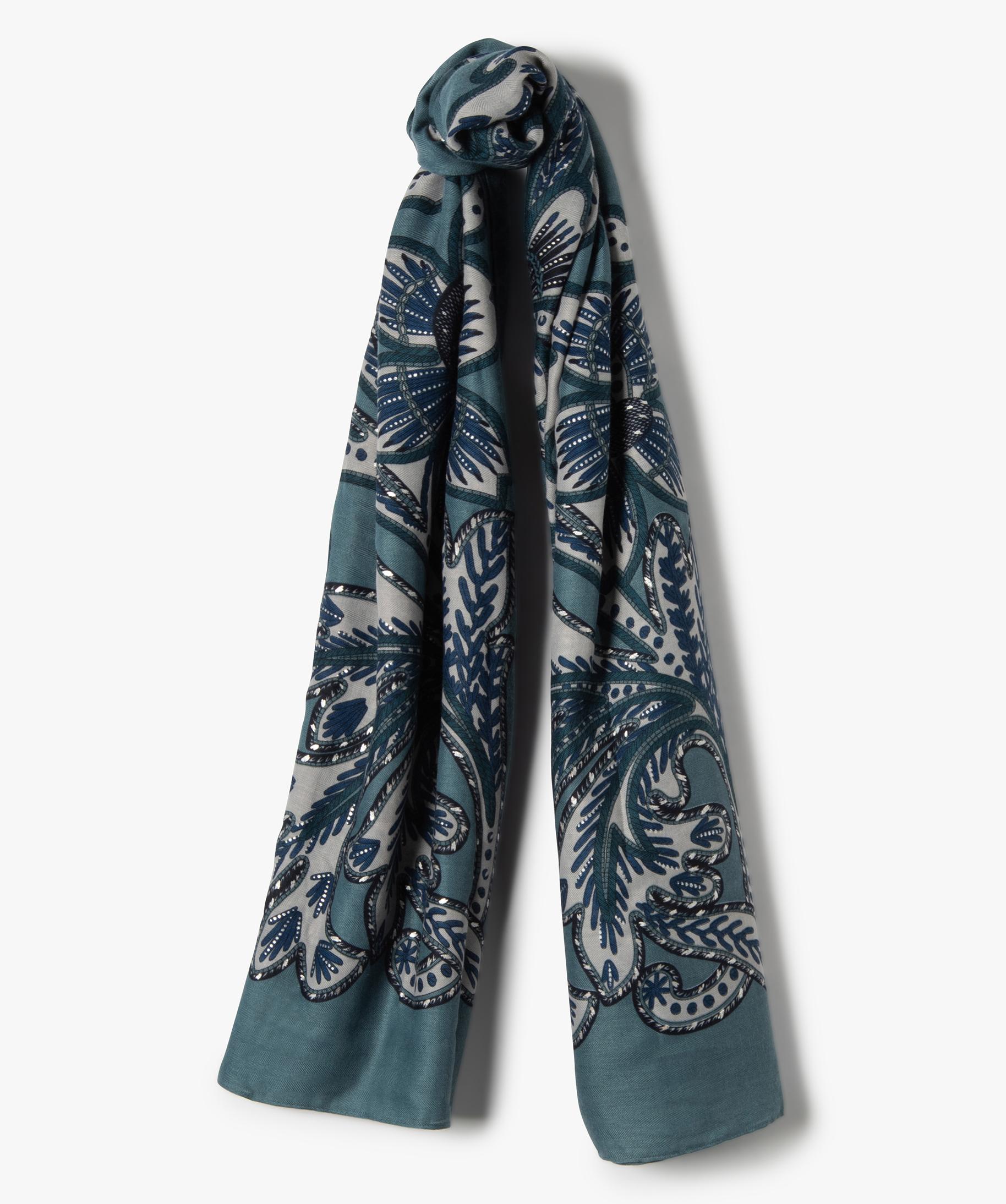 Foulard femme avec motifs fleuris et touches pailletées bleu | GEMO