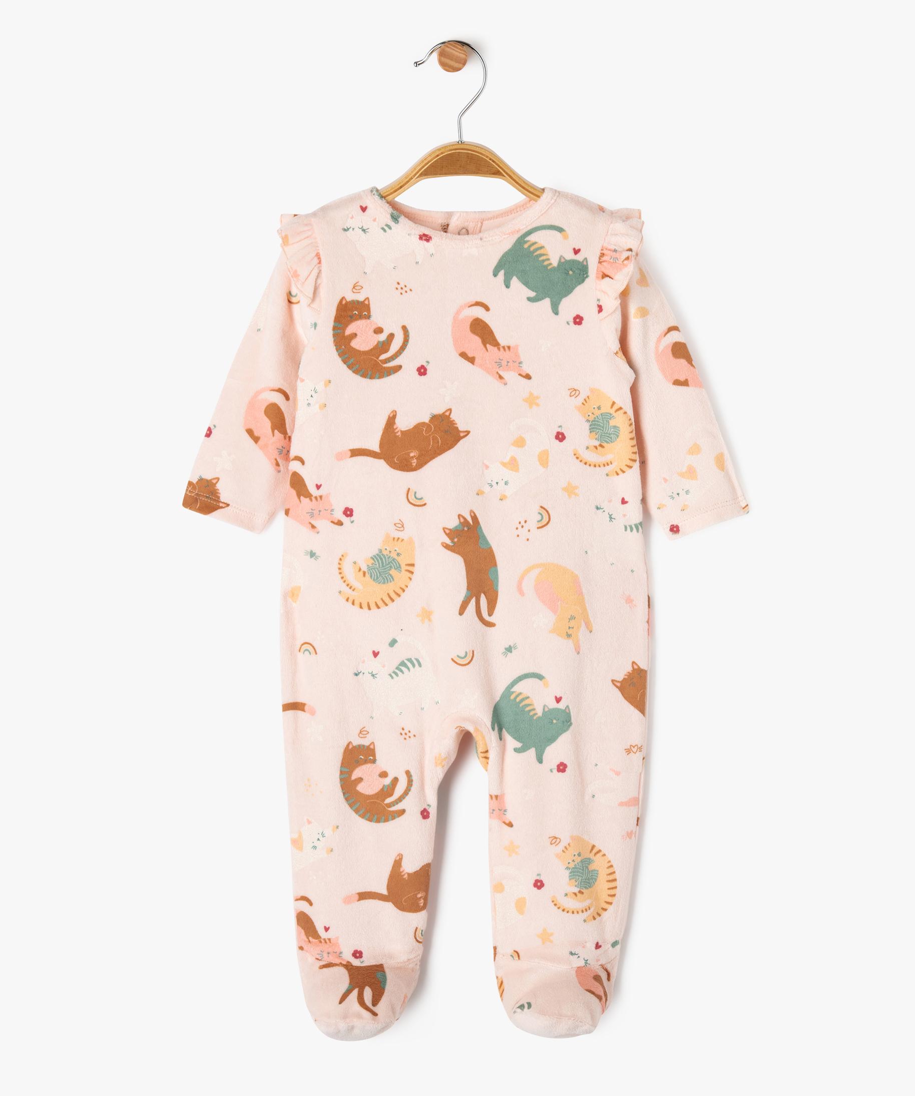 Pyjama en velours avec volants et motifs chats bébé fille rose | GEMO