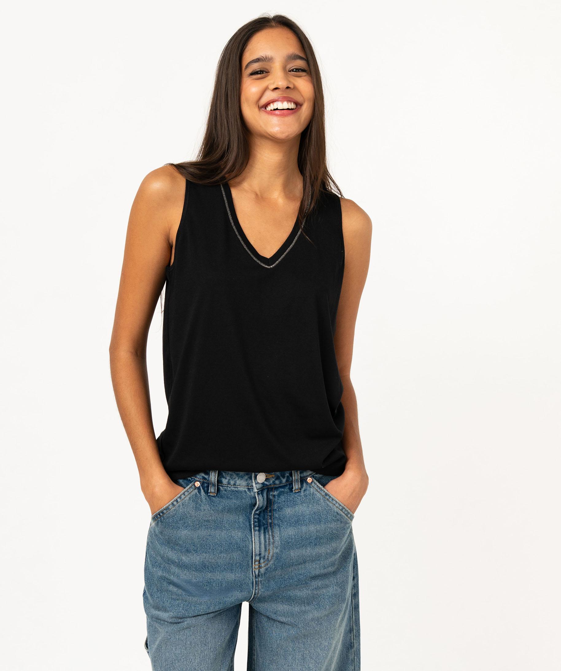 Débardeur col V brillant en maille fluide femme noir | GEMO