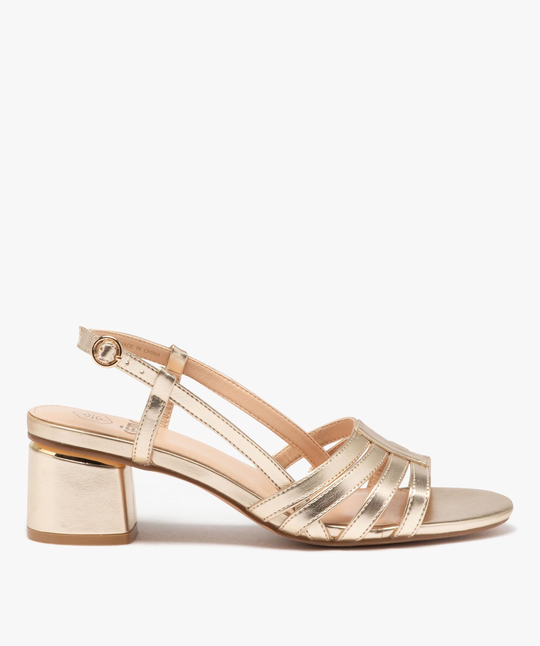 Sandales femme à talon carré brides métallisées or | GEMO