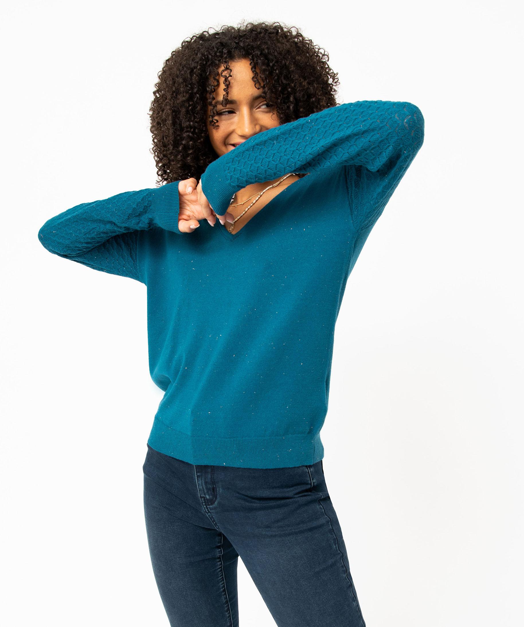 Pull avec double col V et manches fantaisie femme bleu | GEMO
