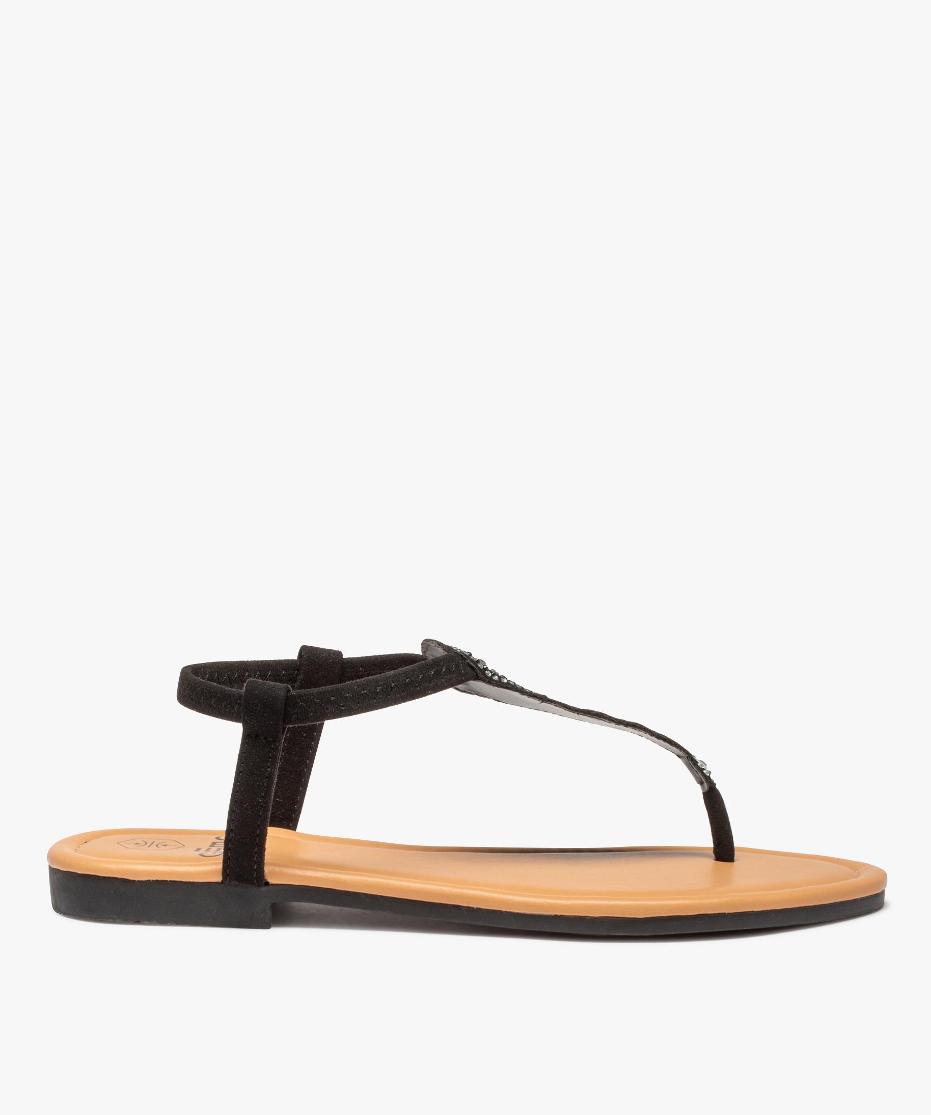 Sandales femme à entre-doigts ornées de strass noir | GEMO