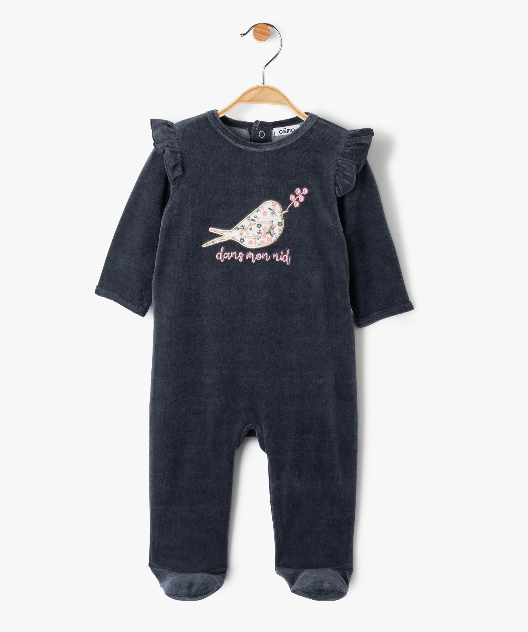 Pyjama bébé fille en velours avec volants sur les épaules bleu fonce | GEMO