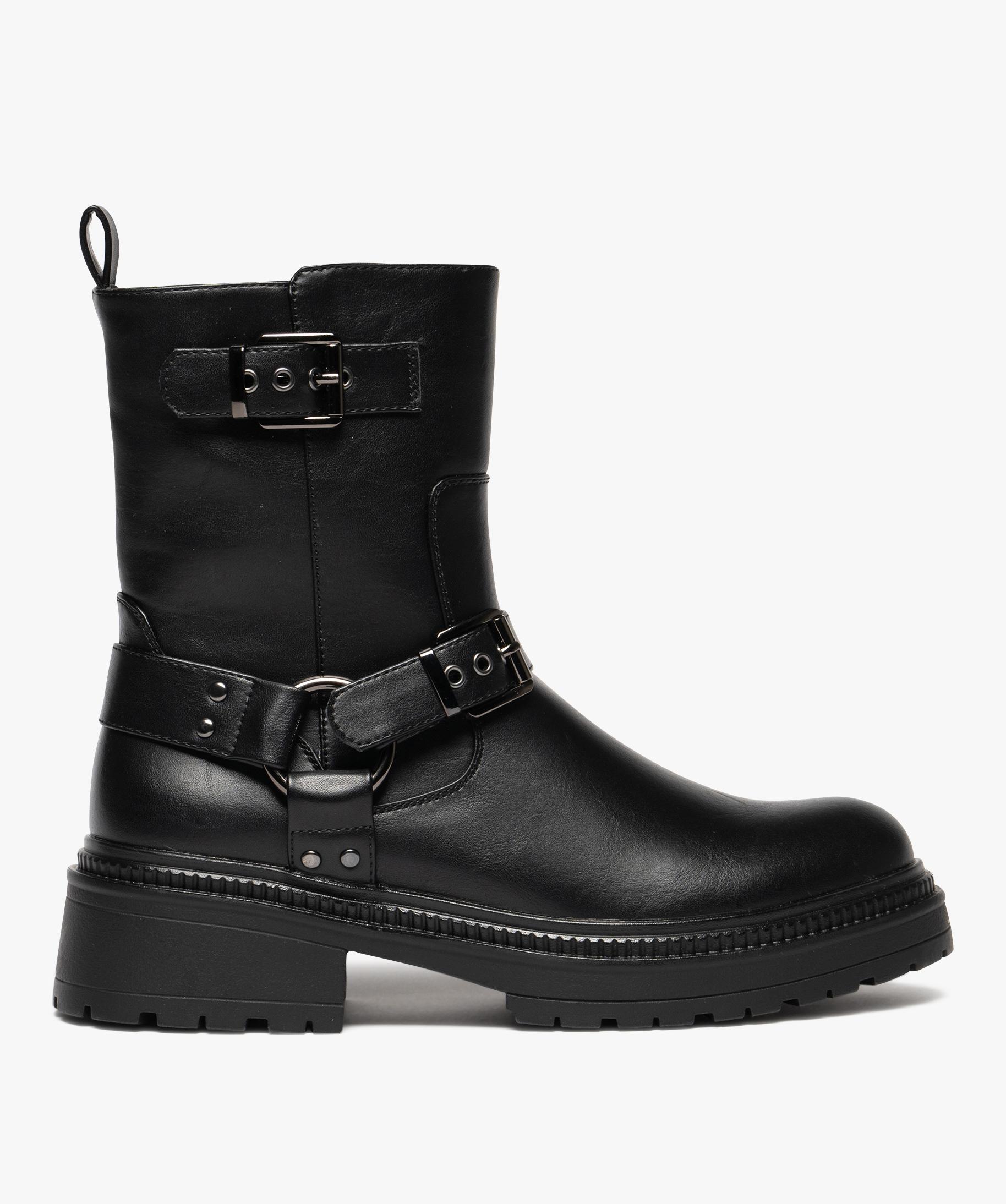 Boots femme crantées à zip avec brides à boucle fantaisie noir | GEMO