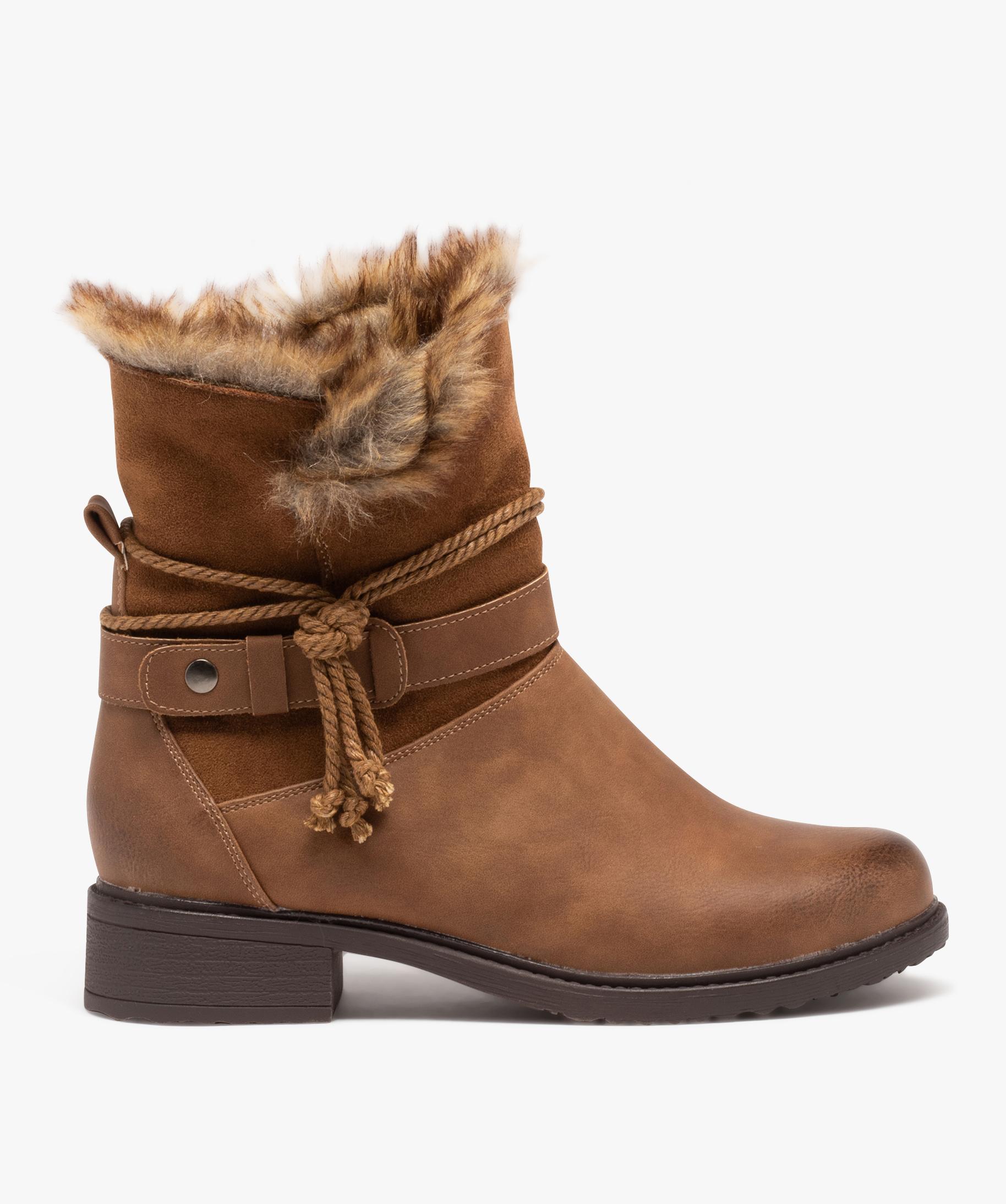 Boots femme unies avec intérieur fourré en peluche et cord... marron | GEMO