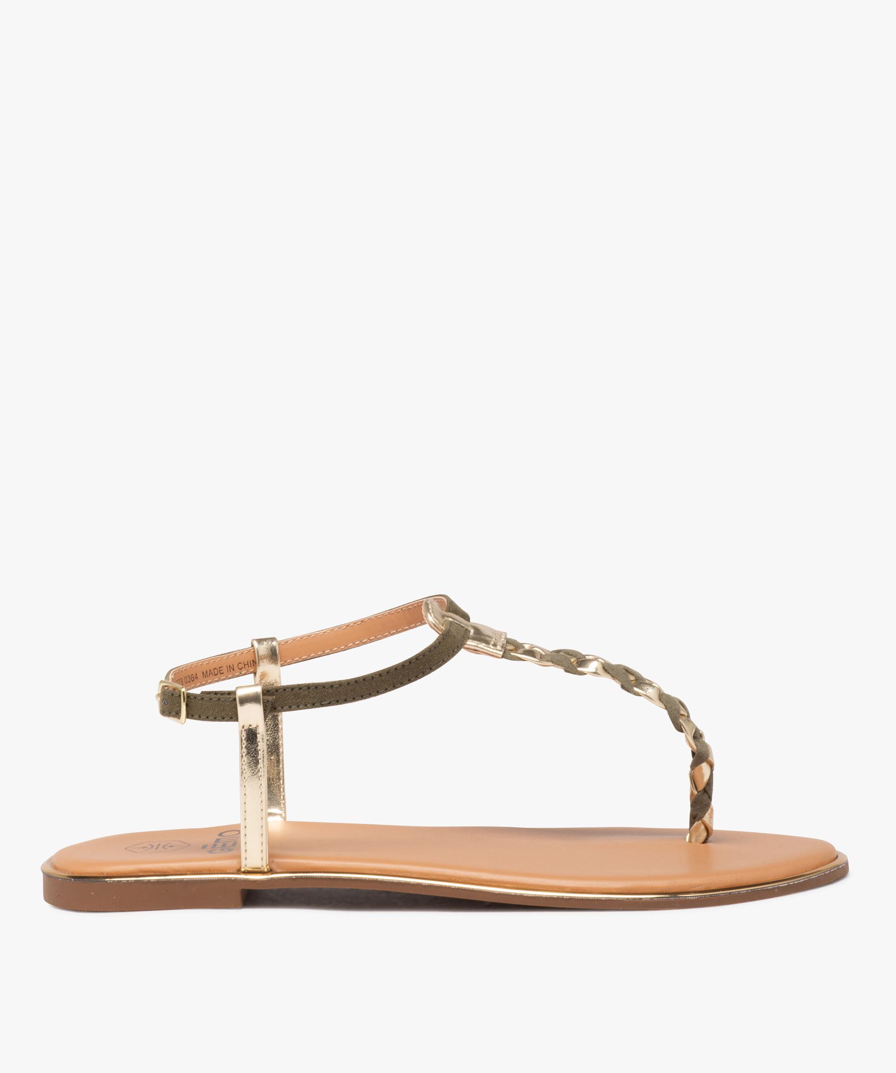 Sandales femme plates avec bride tressée à entre-doigt dé... kaki | GEMO