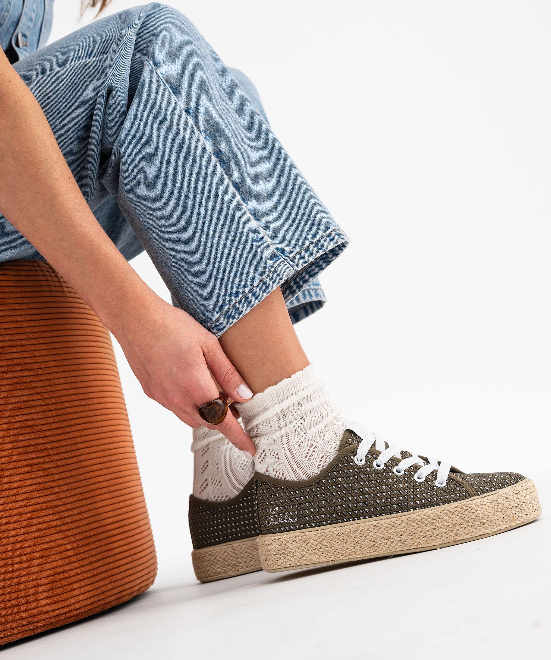 Baskets en toile brillante à semelle plateforme en corde fe... kaki ...