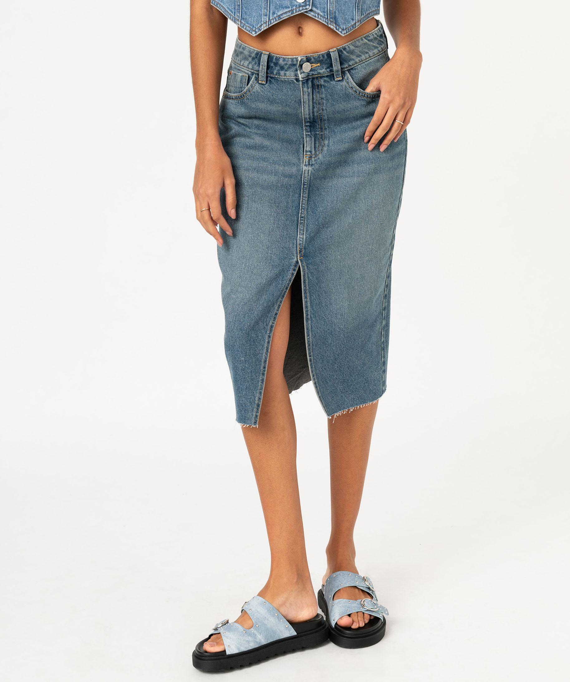 Jupe en jean longue fendue devant femme bleu clair | GEMO