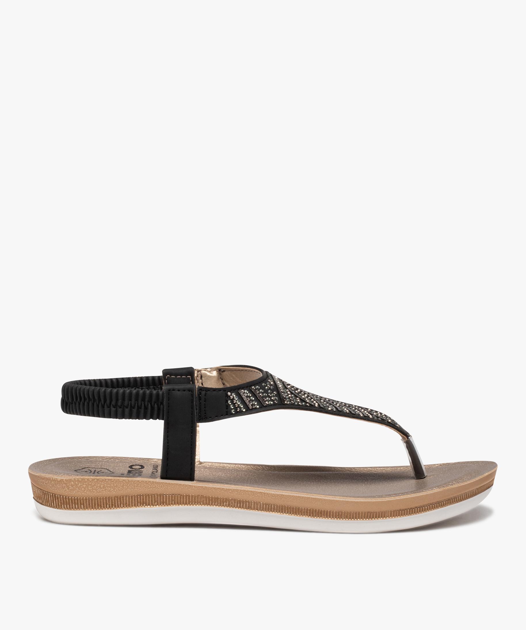 Sandales femme plates à entre-doigts ornées de strass noir | GEMO