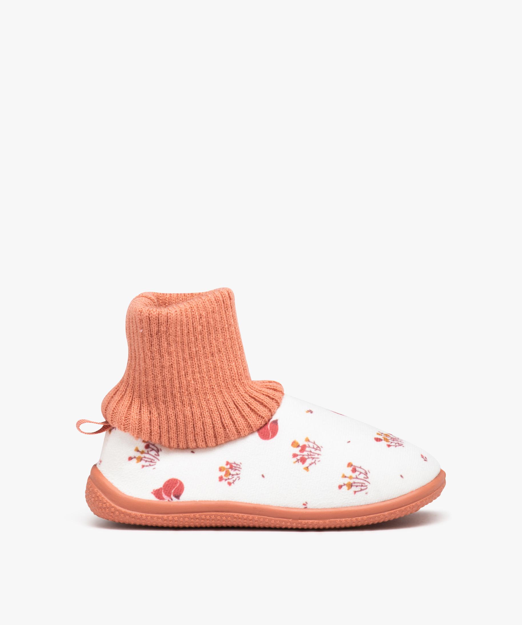 Chaussons fille en velours ras à motifs et col chaussette beige | GEMO