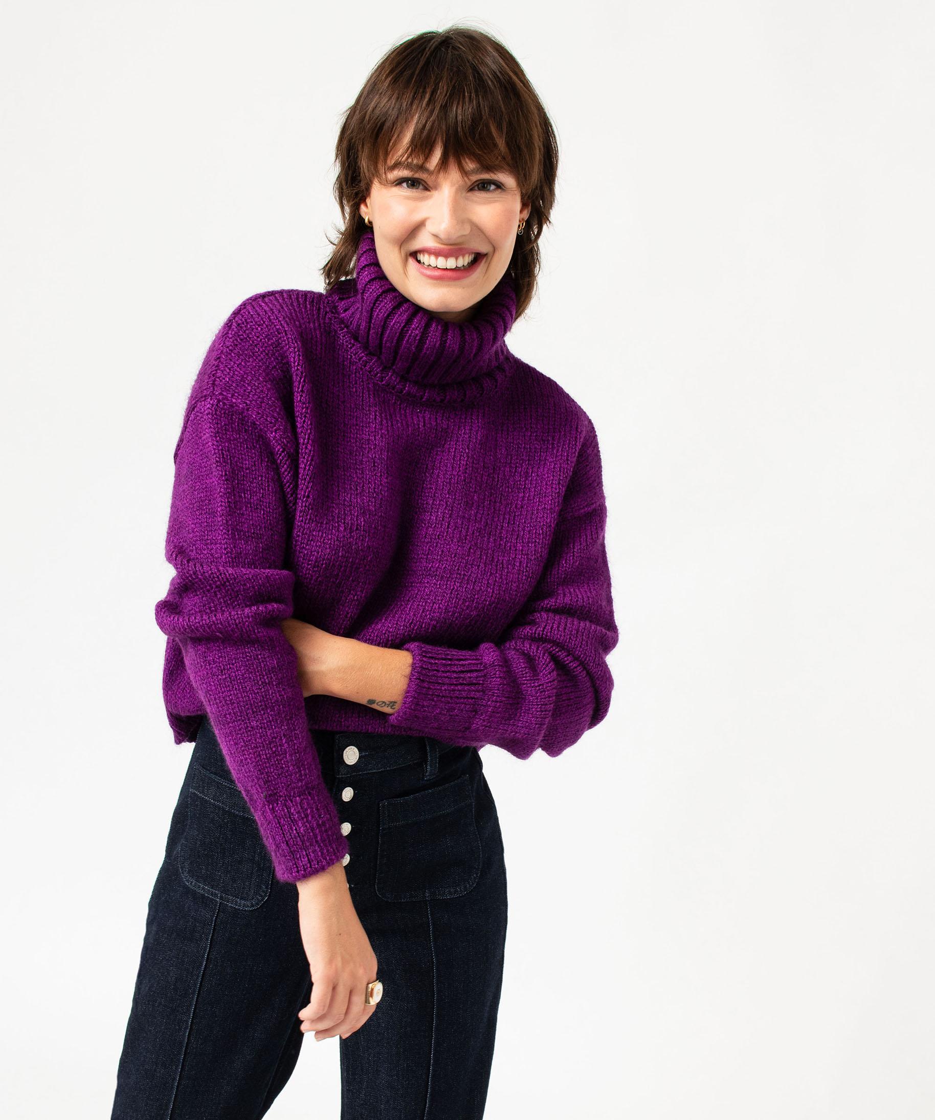 Pull femme à col roulé coupe courte violet | GEMO