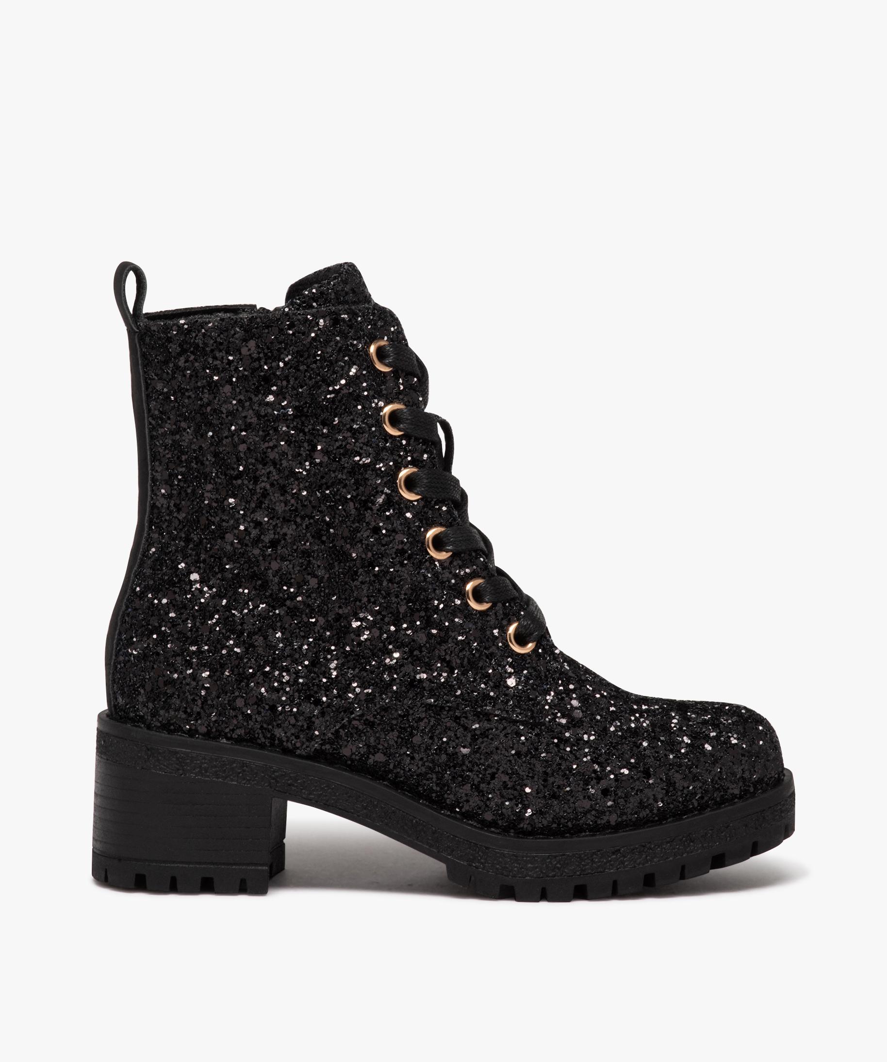 Boots fille à talon carré avec dessus en strass noir | GEMO