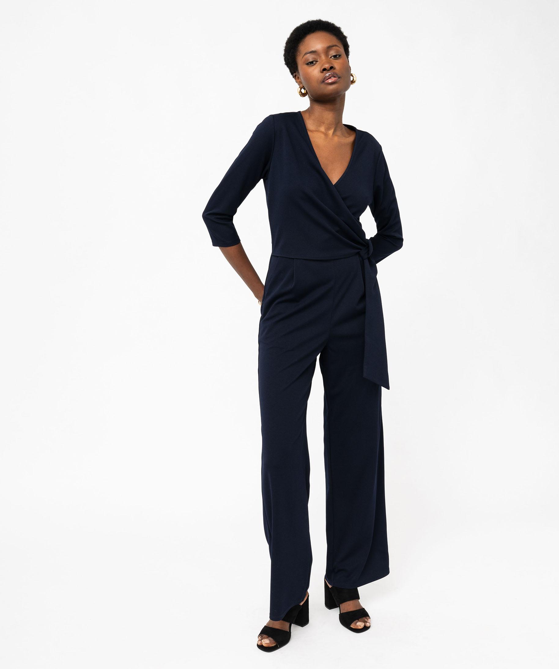 Combinaison pantalon avec haut cache-coeur femme bleu fonce | GEMO