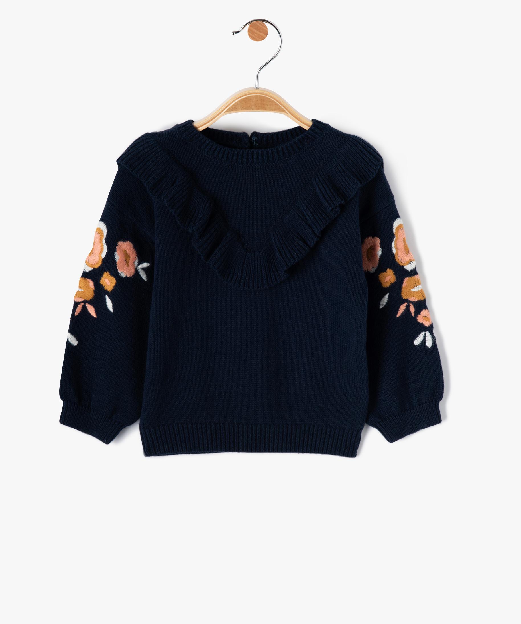 Pull bébé fille à volant et broderies fleurs bleu fonce | GEMO
