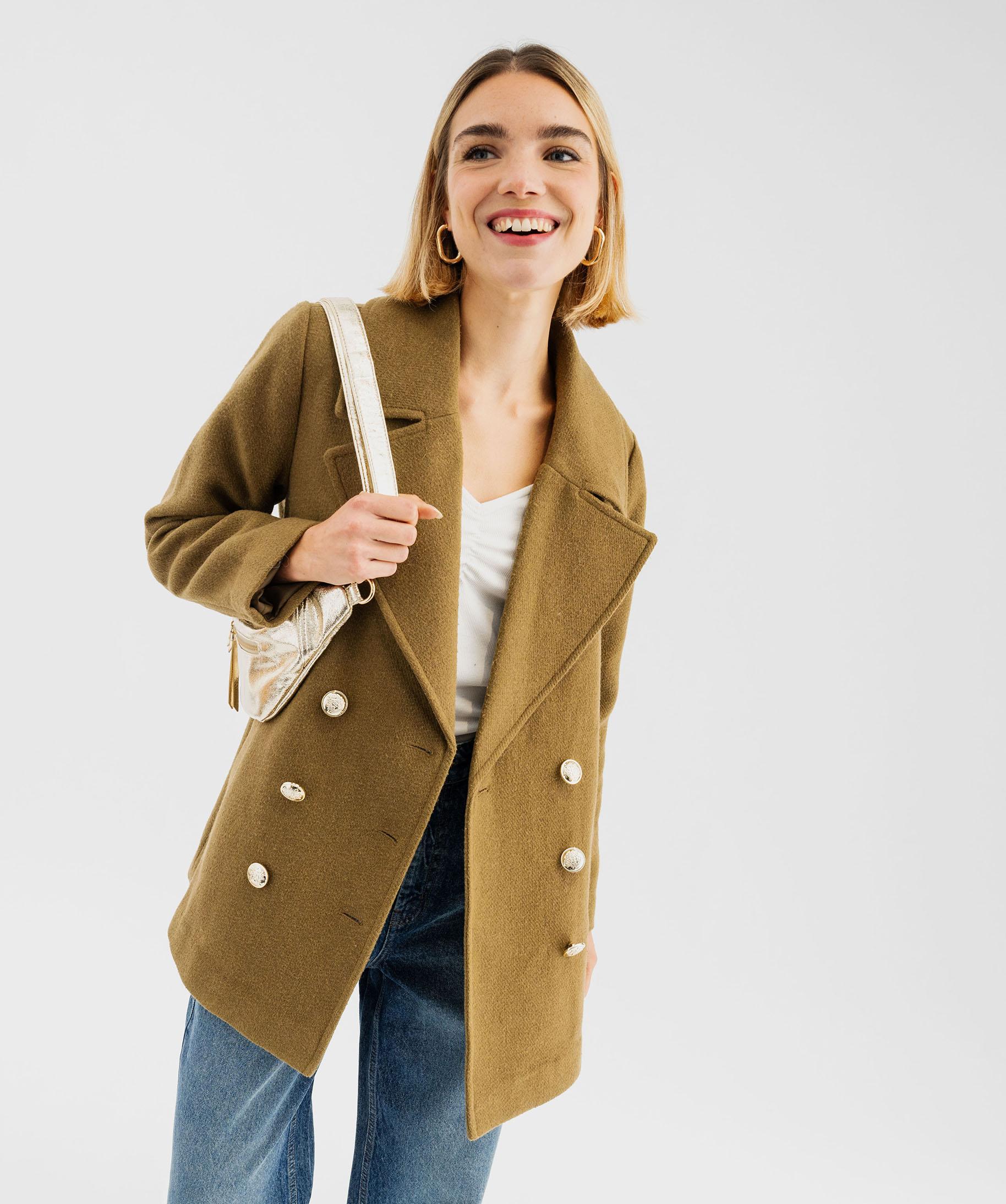 Manteau caban en laine à double boutonnage doré femme kaki | GEMO