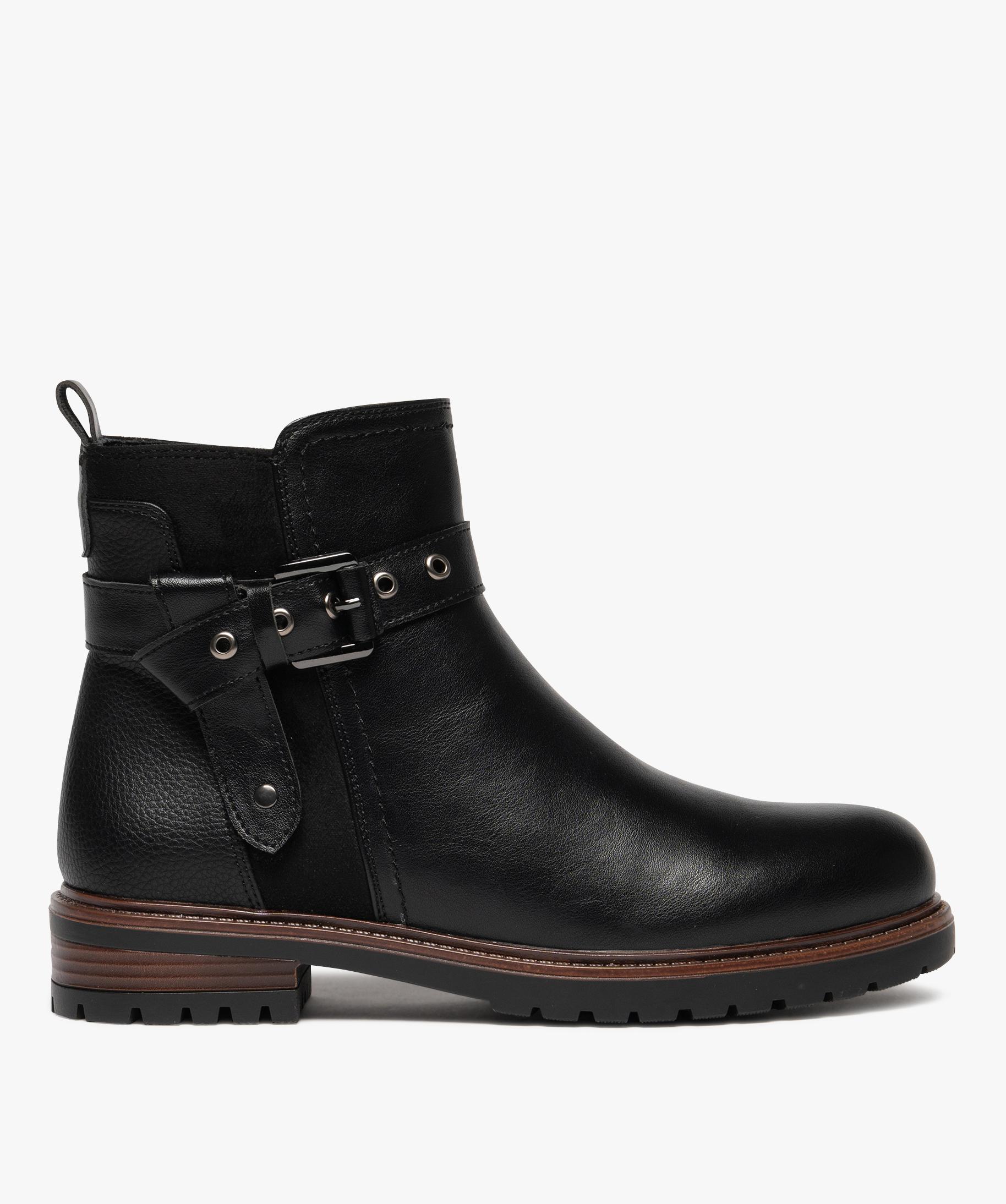 Boots femme à zip et détails suédés avec bride fantaisie noir | GEMO