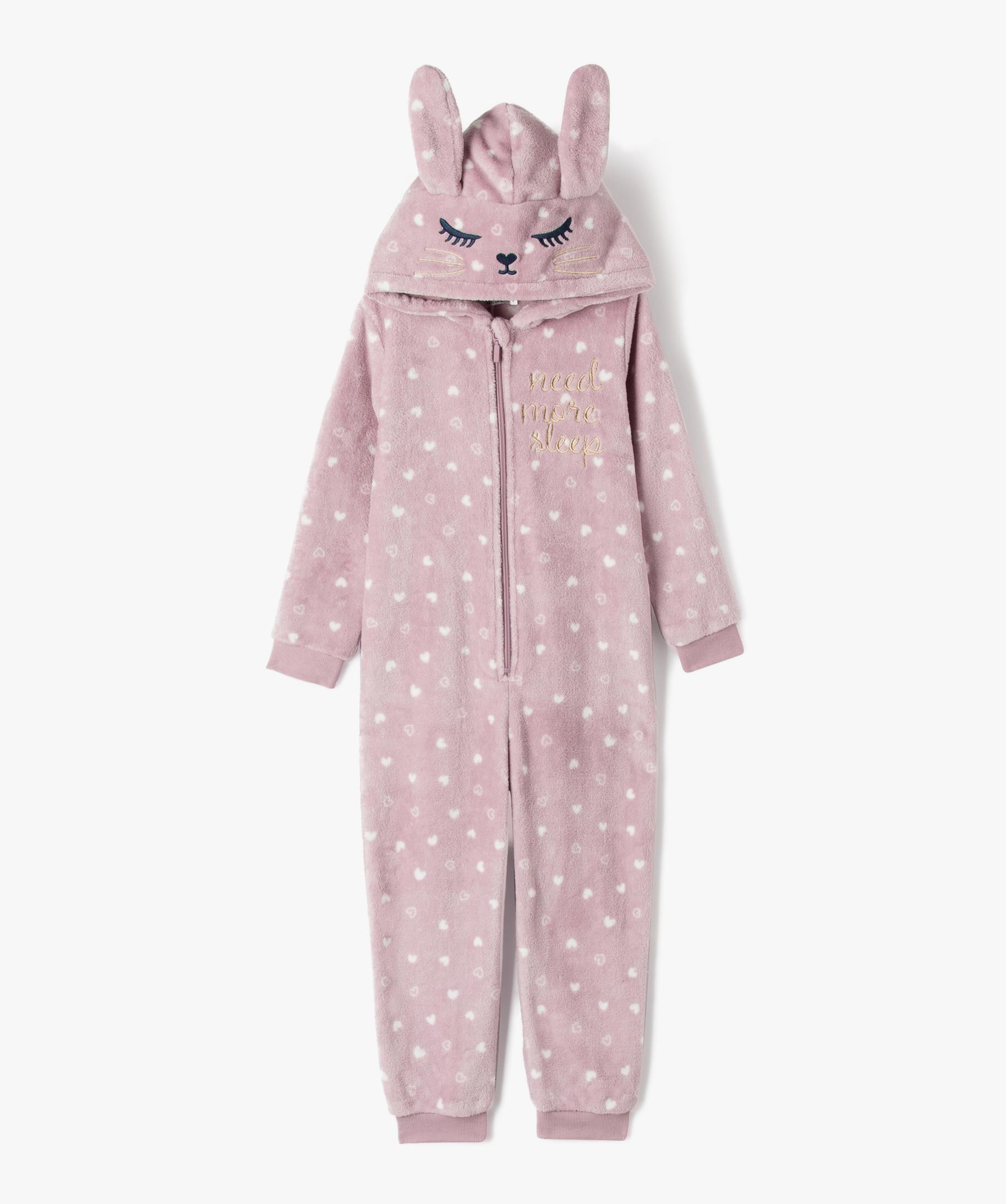Combinaison pyjama à capuche à motifs coeurs fille imprime | GEMO