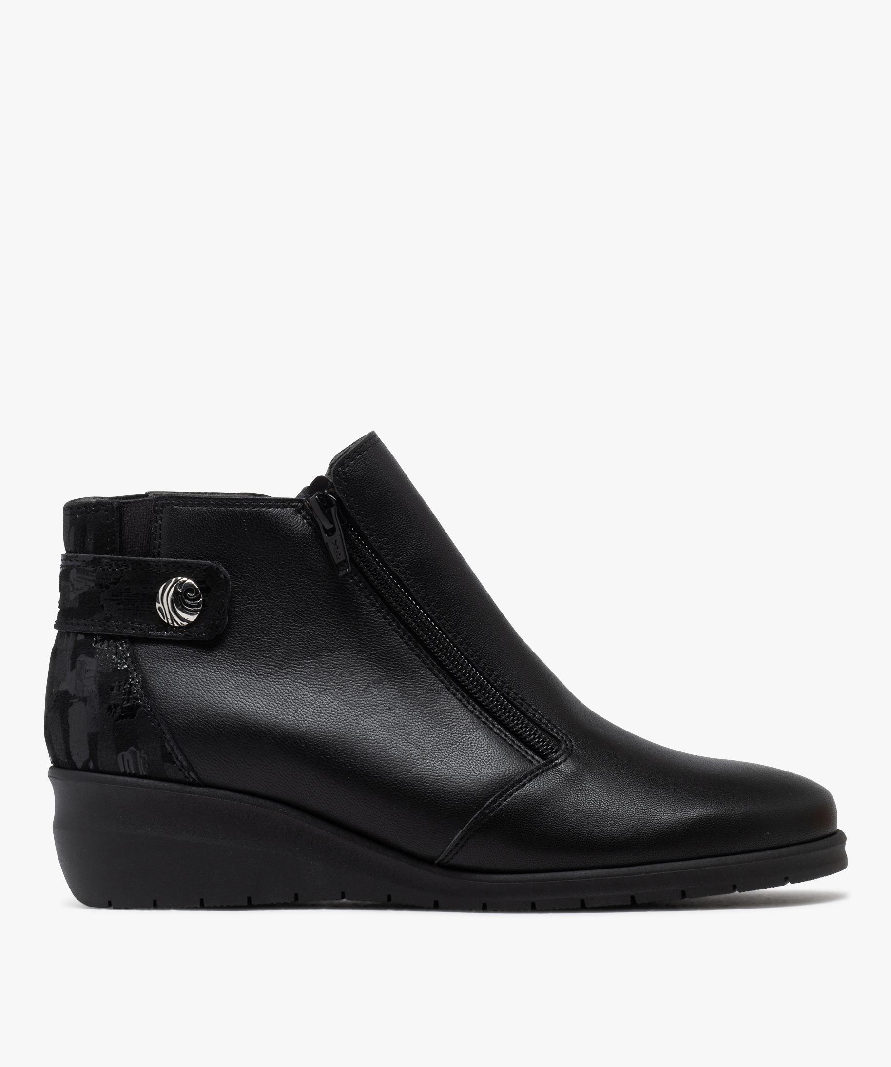 Boots confort en cuir à talon compensé femme noir | GEMO