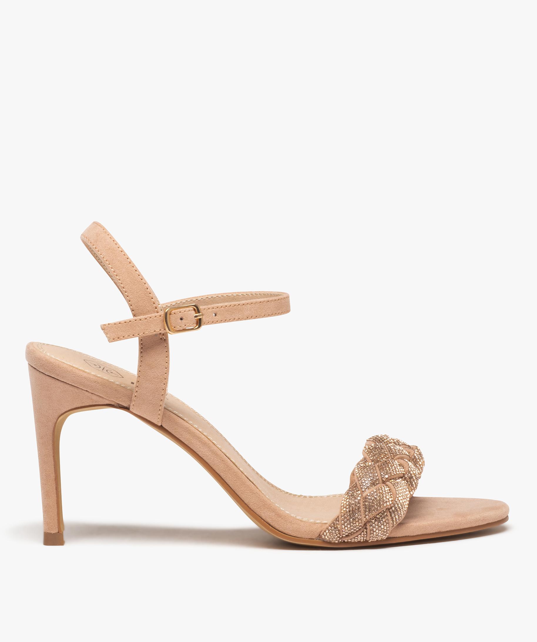 Sandales femme à talon avec large bride tressée à strass rose | GEMO